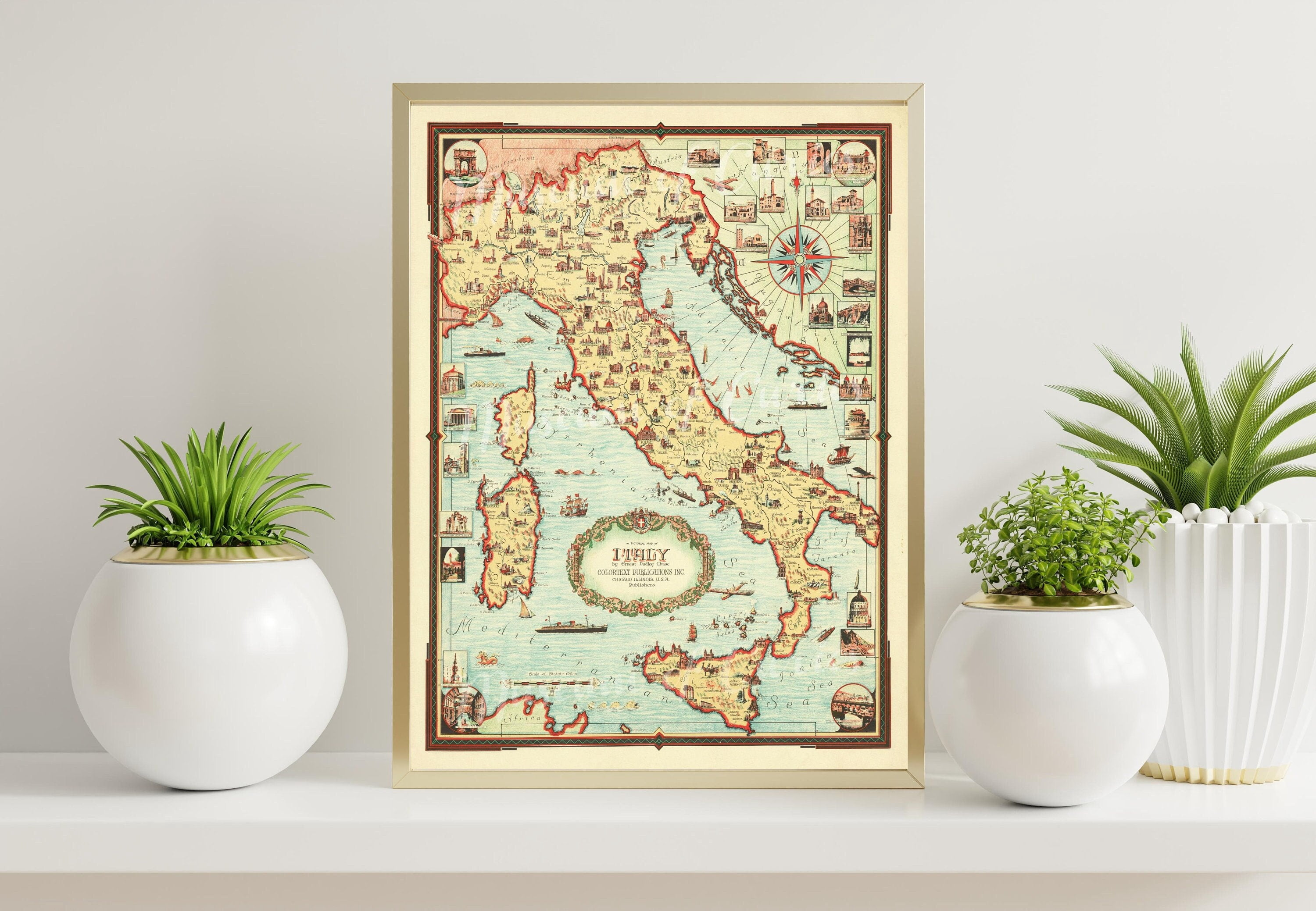 1935 Pictorial Map Of Italy Vintage Travel Poster , Poster Print Only ...