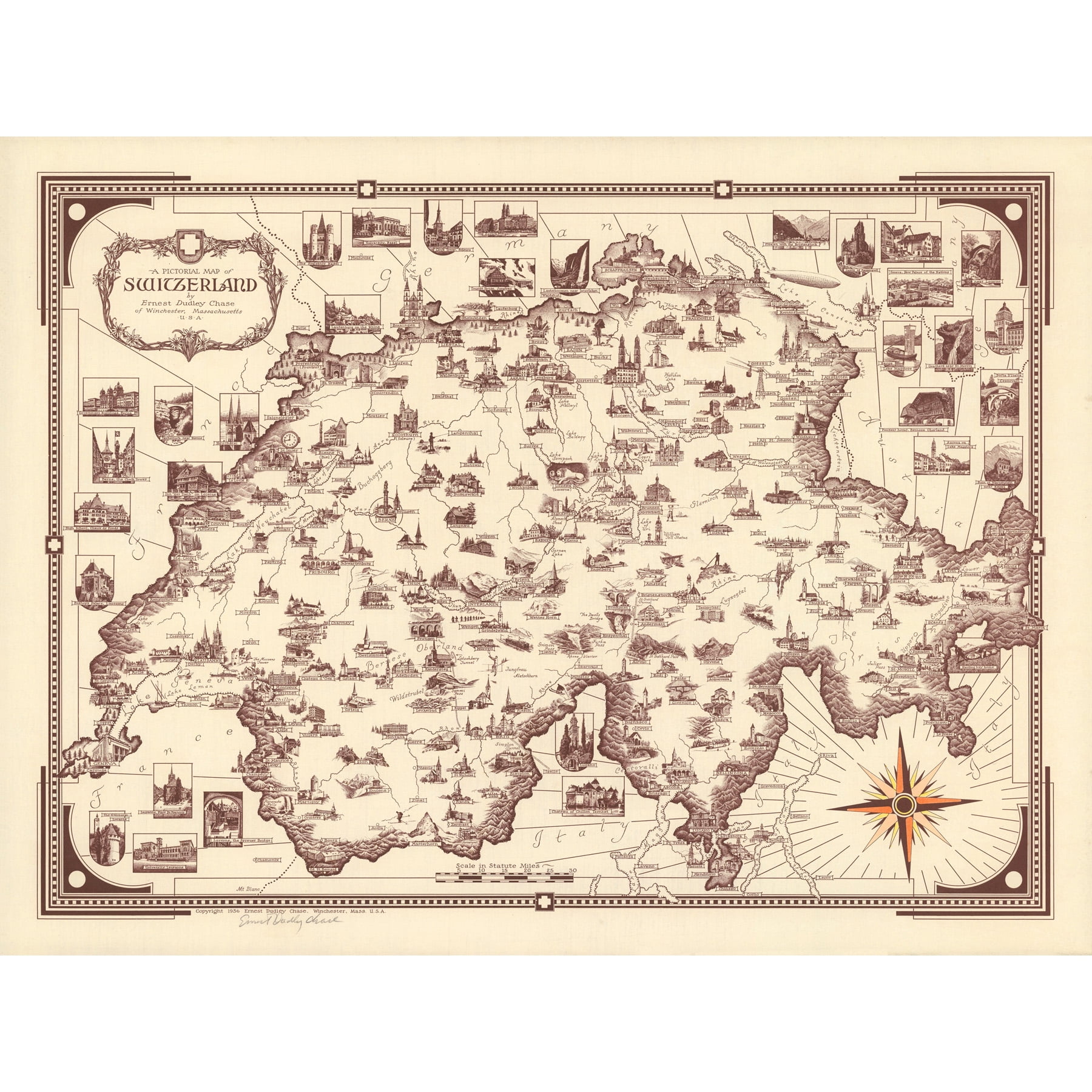 1936 Ernest Dudley Chase Pictorial Map Switzerland Extra Large XL Wall ...