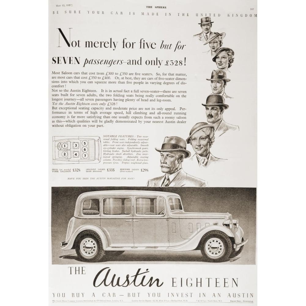 1937 Advertisement For The Austin Eighteen Car. From The Shpere ...