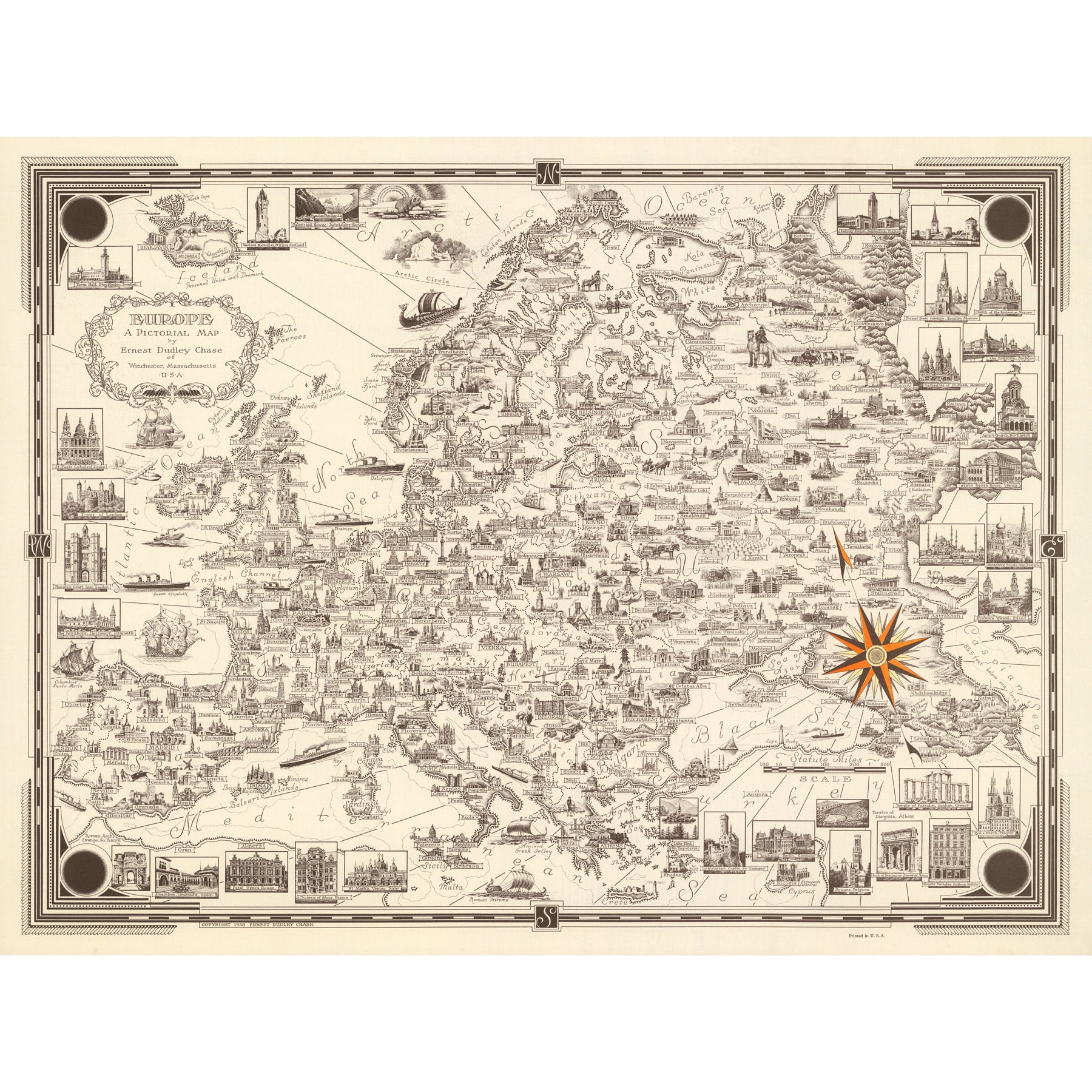 1938 Ernest Dudley Chase Pictorial Map Of Europe Extra Large XL Wall ...