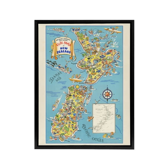 1938 Fun Pictorial Map Of New Zealand Black Framed Canvas Wall Art ...