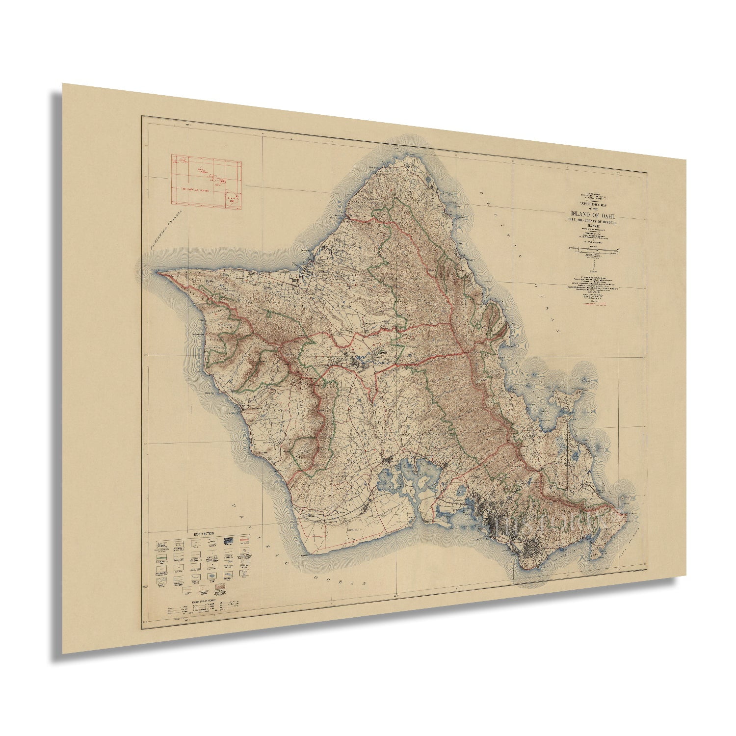 1938 Island of Oahu Map - Oahu Hawaii Vintage Map Wall Art ...