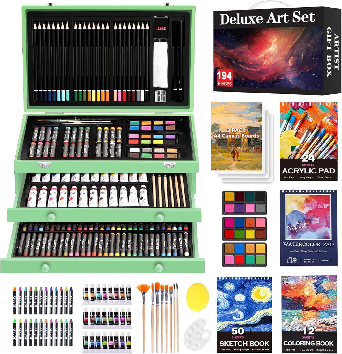 194 Piece Deluxe Art Set, Painting Drawing Art Supplies with 4 Drawing ...