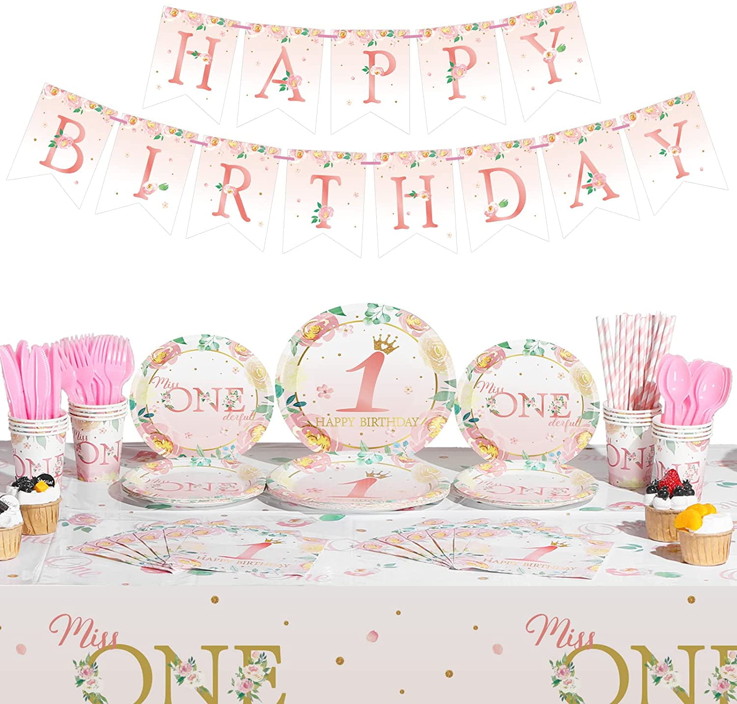 194 Pieces Girl 1st Birthday Supplies Set Miss Onederful Party ...