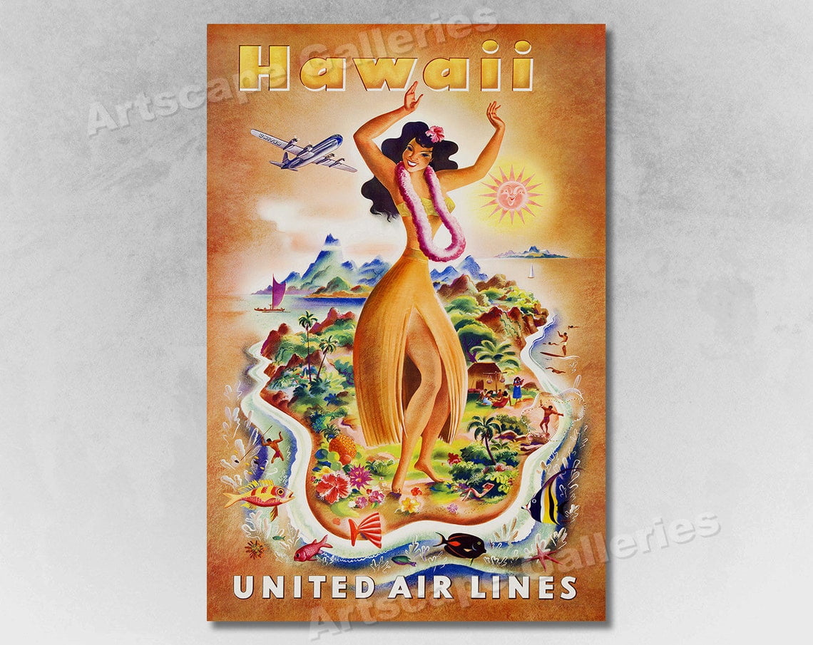 1940s Hawaiian Islands Vintage Style Travel Graphic Illustration ...