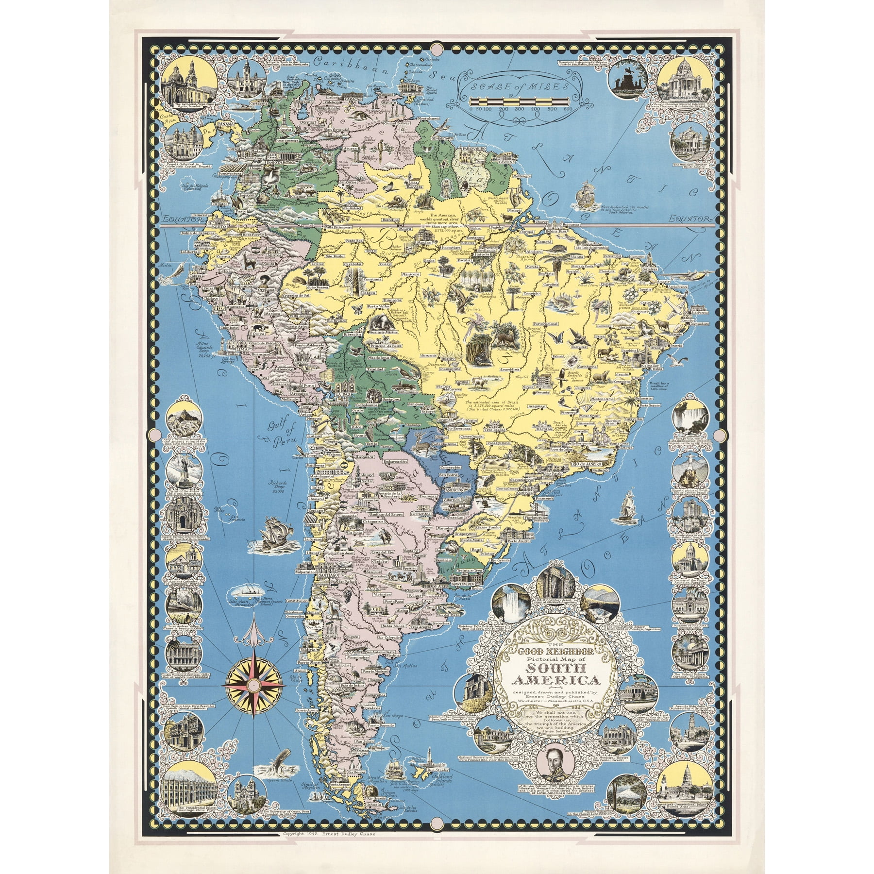 1942 Ernest Dudley Chase Good Neighbor Map South America Extra Large XL ...