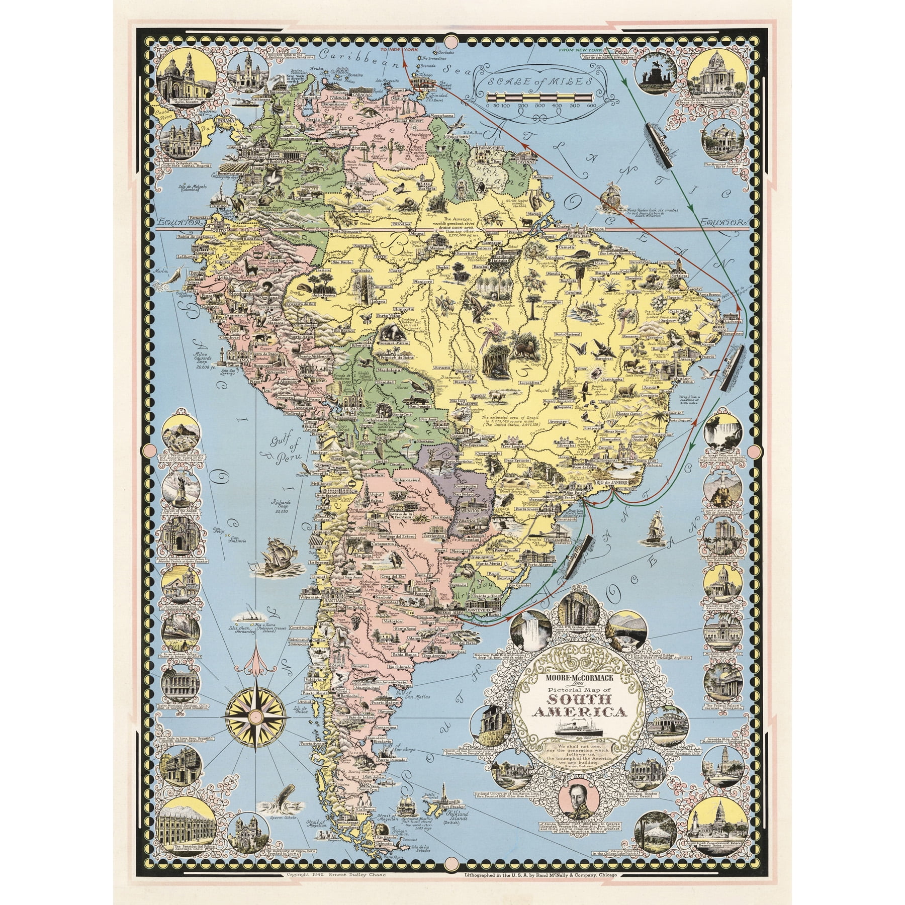 1942 Ernest Dudley Chase Pictorial Map South America Extra Large XL ...