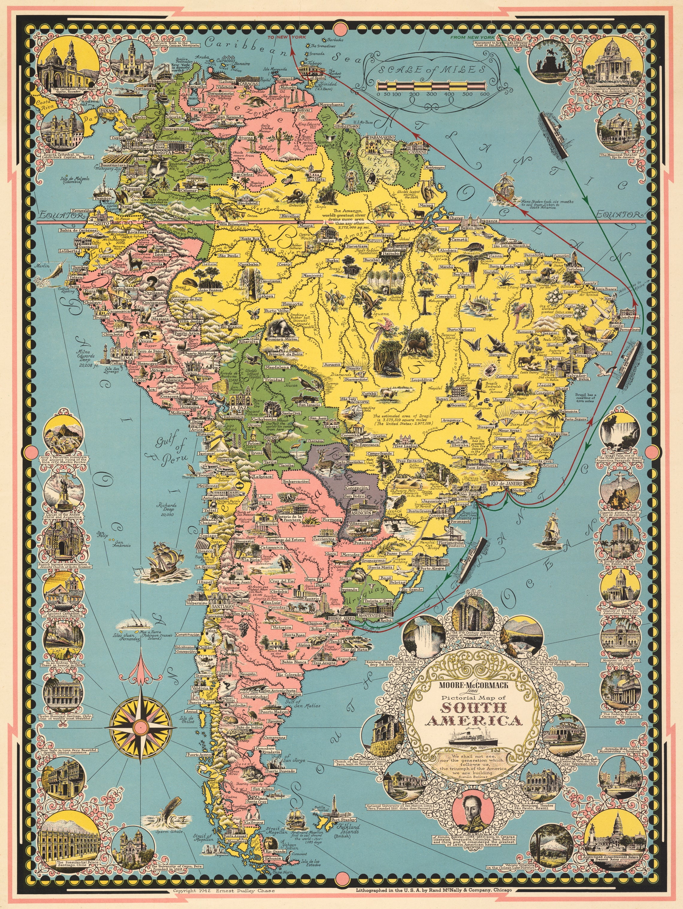 1942 Moore-McCormack Lines Pictorial Map of South America - Walmart.com