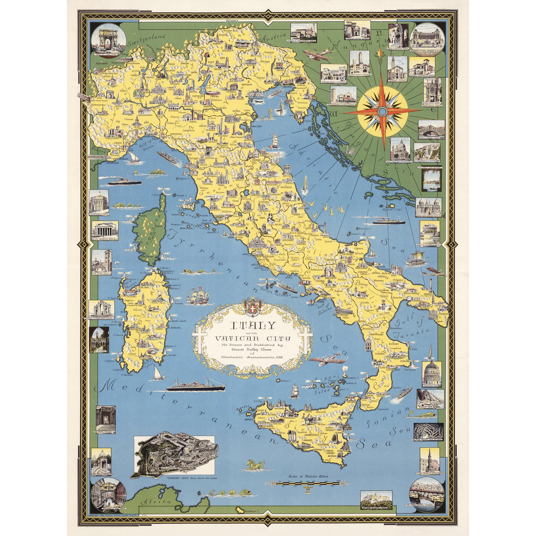 1944 Ernest Dudley Chase Map Italy With Vatican City Extra Large XL ...