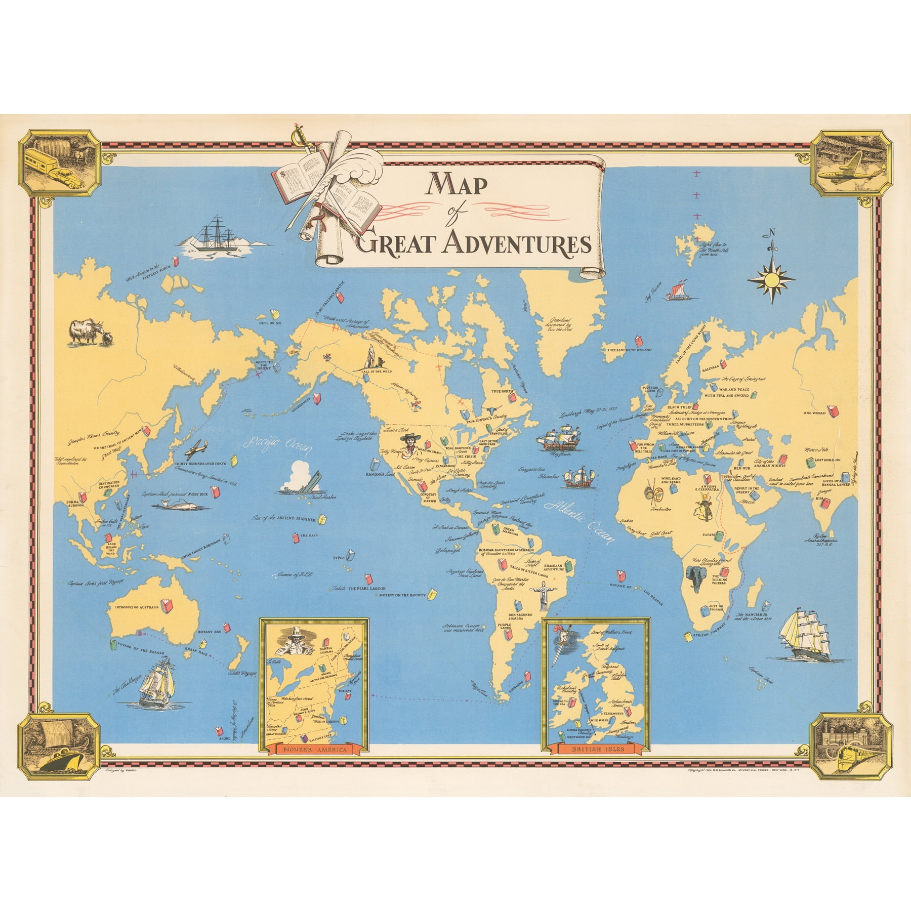 1946 World Map Of Great Adventures Extra Large XL Wall Art Poster Print ...