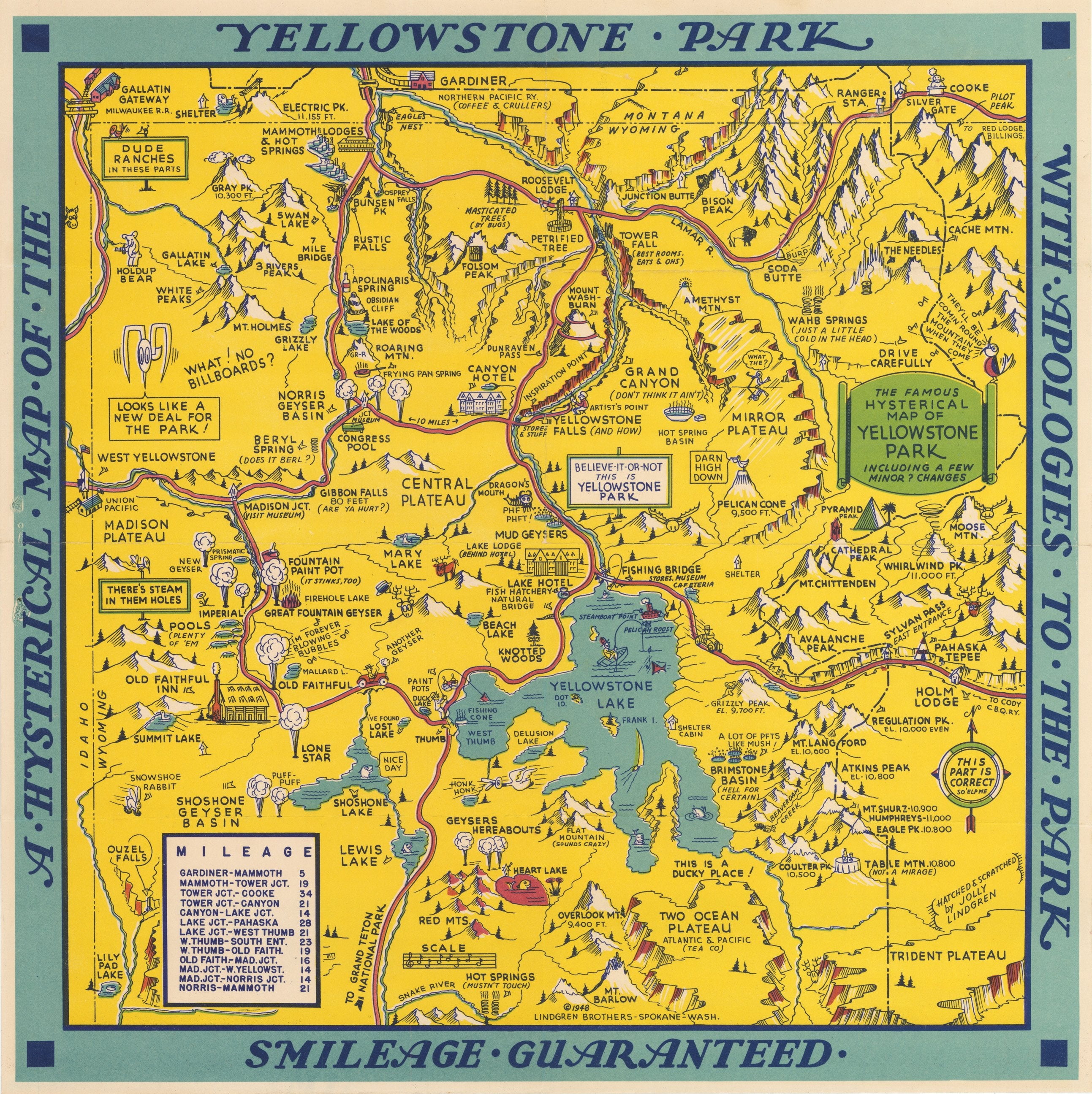 1948 A Hysterical Map of Yellowstone Park. - Walmart.com