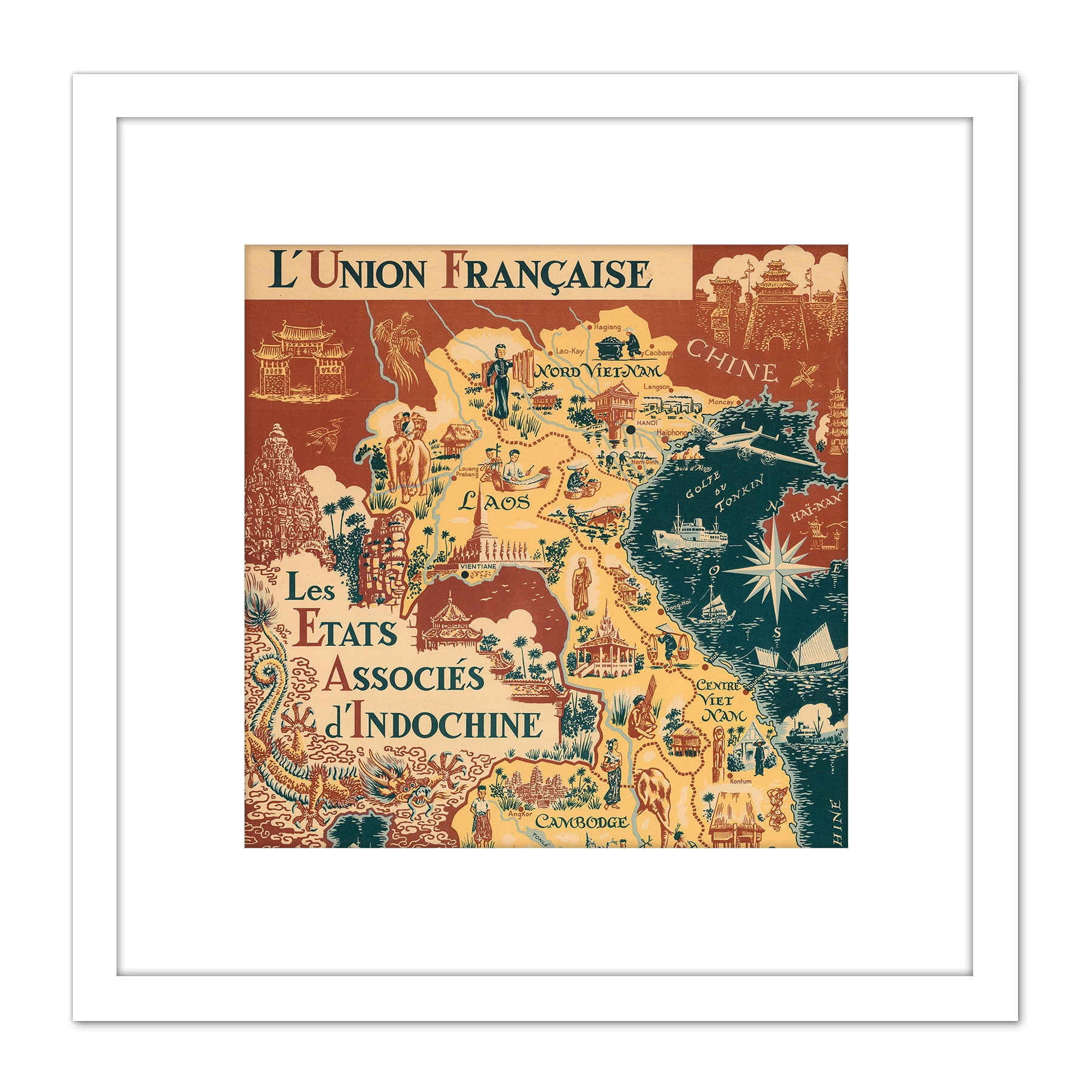 1948 Map French Union Associated States Indochina 8X8 Inch Square ...