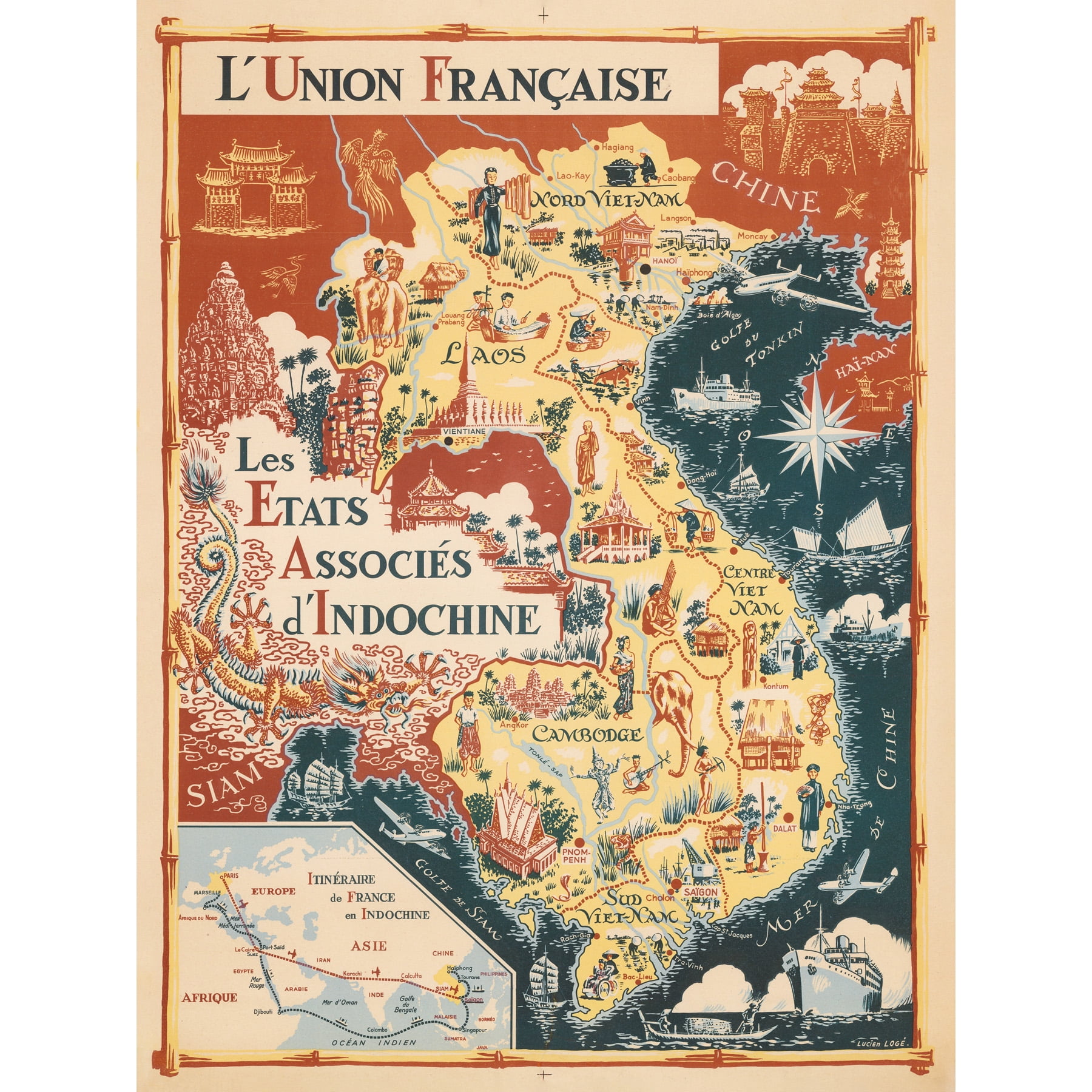 1948 Map French Union Associated States Indochina Extra Large XL Wall ...