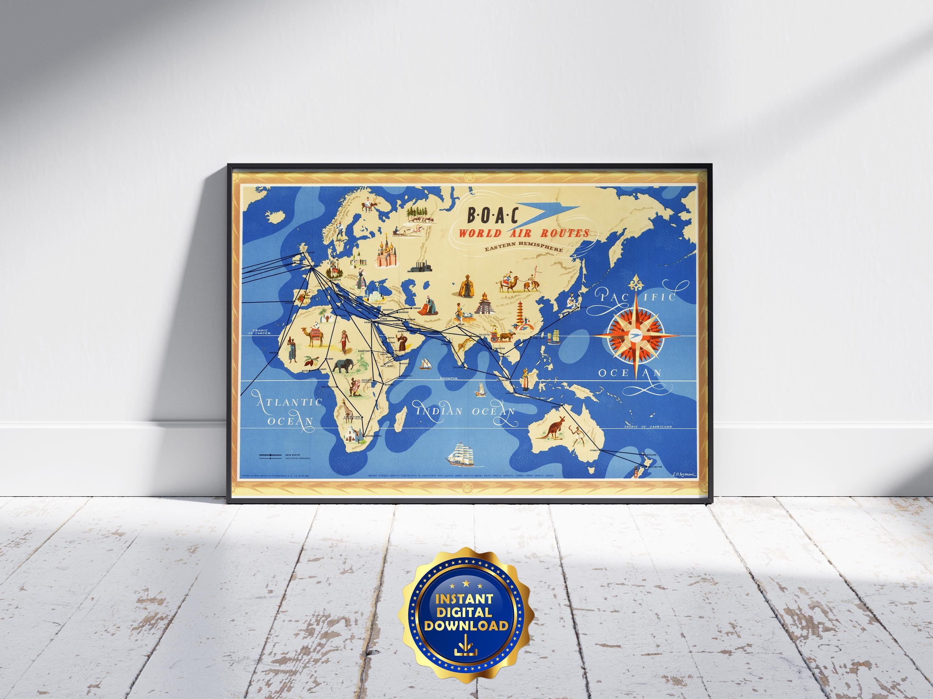 1949 Boac Eastern Hemisphere Map Vintage Airline Travel Poster , Poster ...