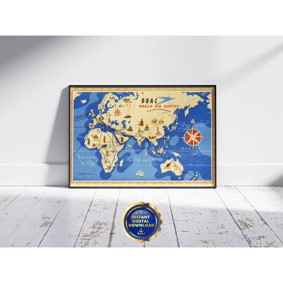 1949 Boac Eastern Hemisphere Map Vintage Airline Travel Poster , Poster ...