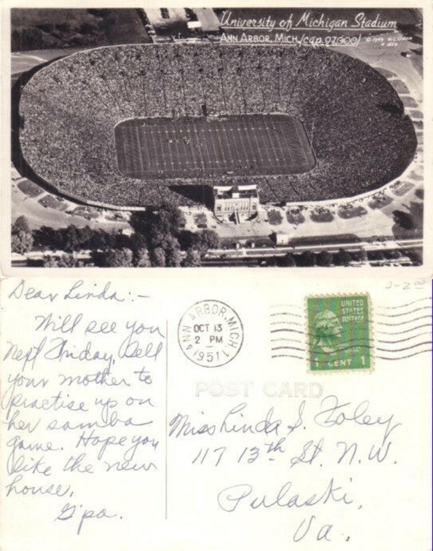 1949 Michigan Football Stadium black and white postcard postmarked 1951 ...