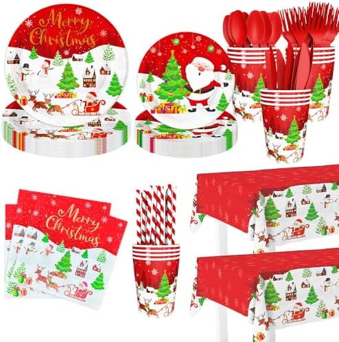 194pcs Christmas Paper Plates and Napkins - Merry Christmas Party ...