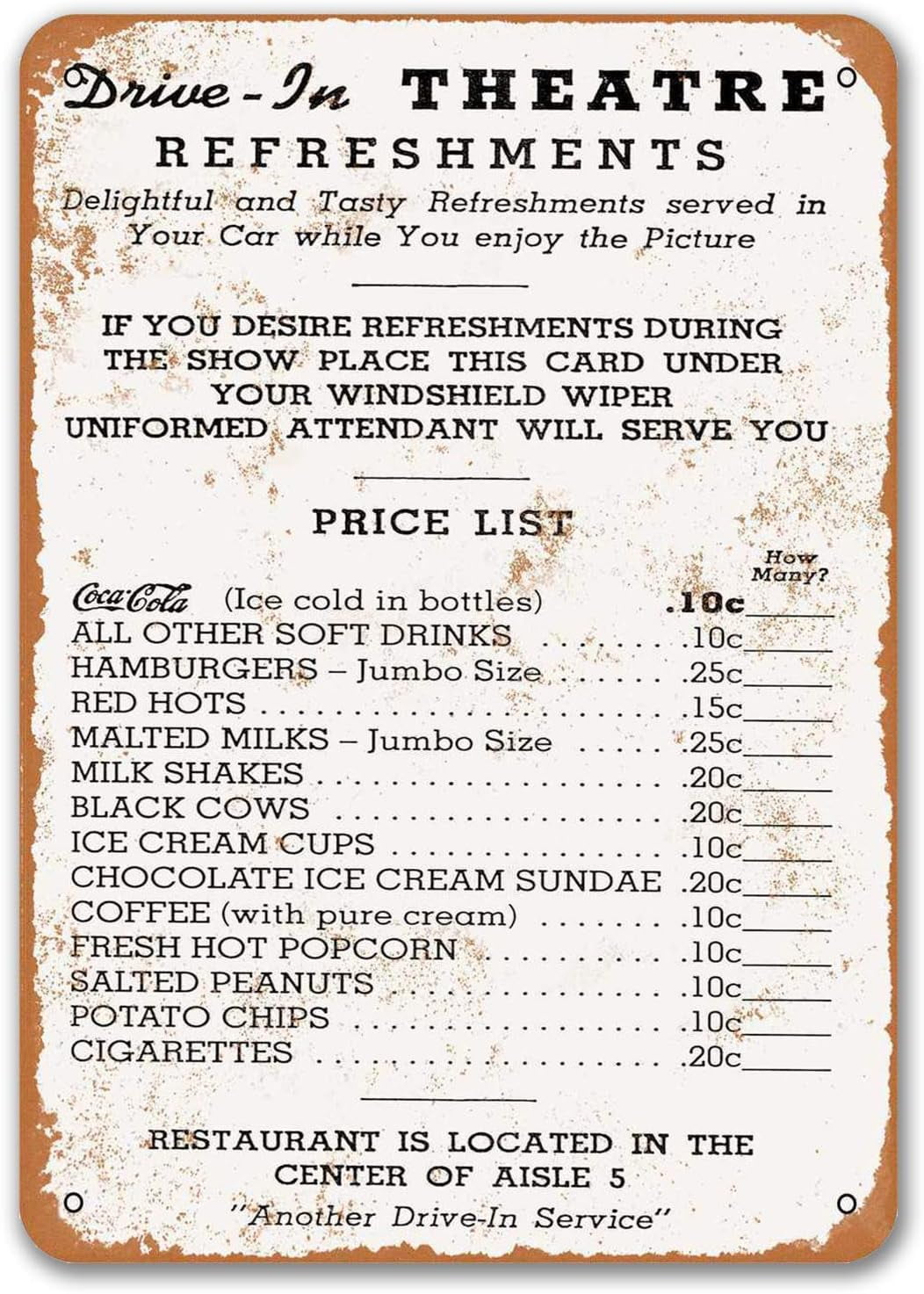 1950 Drive in Theater Menu Metal Tin Signs Wall Poster Tin Sign Vintage ...