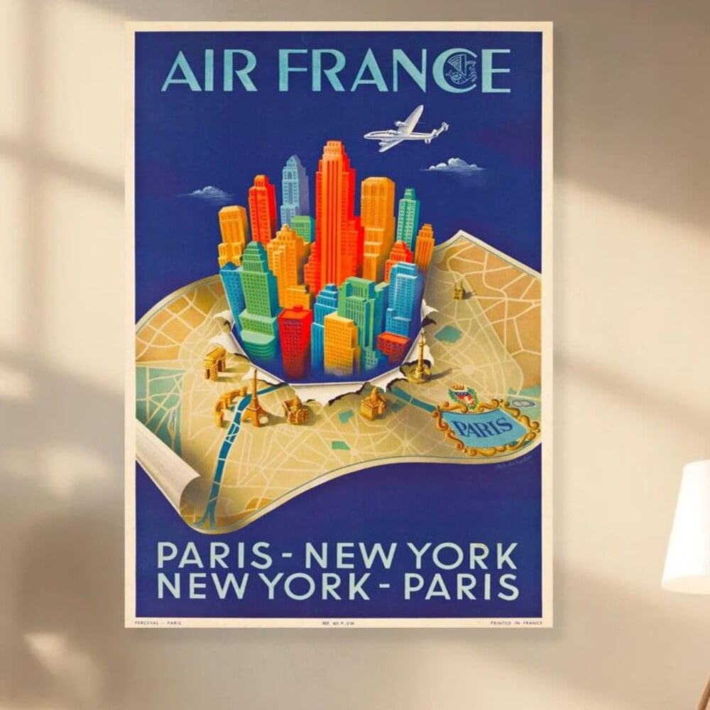 1950 Vintage Air France Travel Poster Paris - New York Wall Decor Home ...