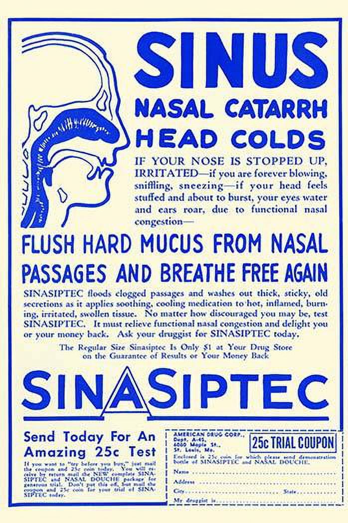 1950's medicine advertisement for a sinus and head cold cure. Claims to ...