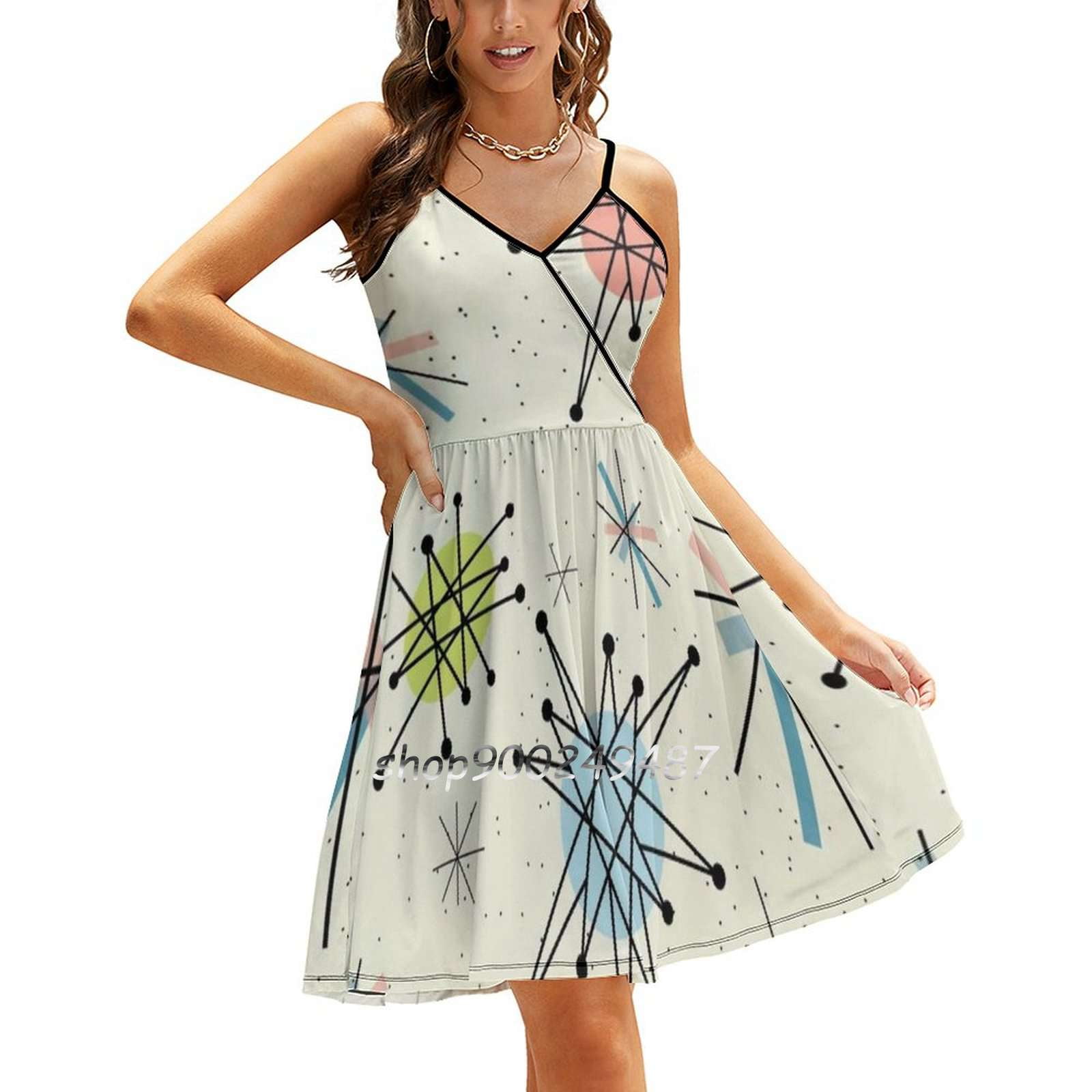 1950S Atomic Pattern Sweet Elegant Dress Women Korean Kawaii Square ...