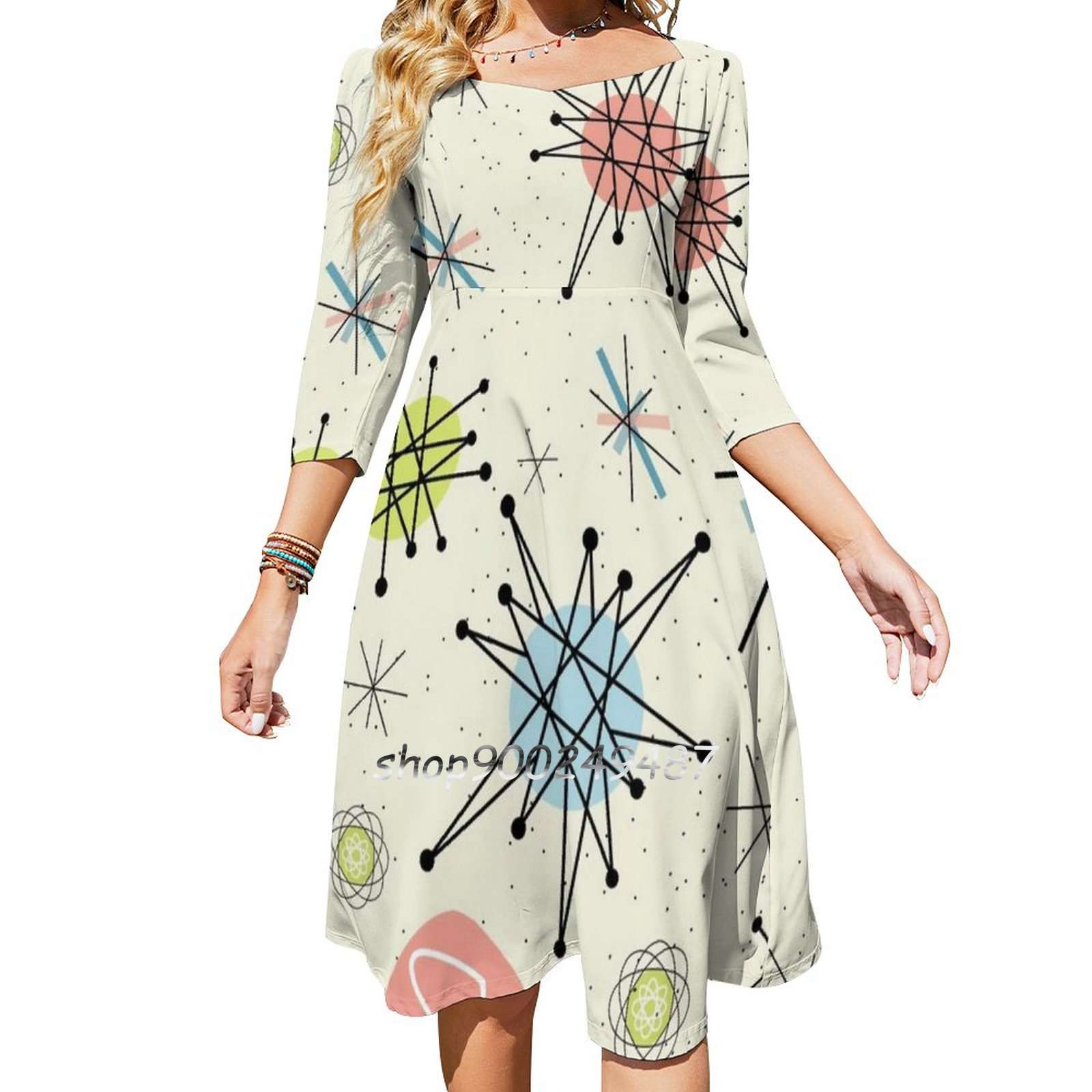 1950S Atomic Pattern Sweet Elegant Dress Women Korean Kawaii Square ...