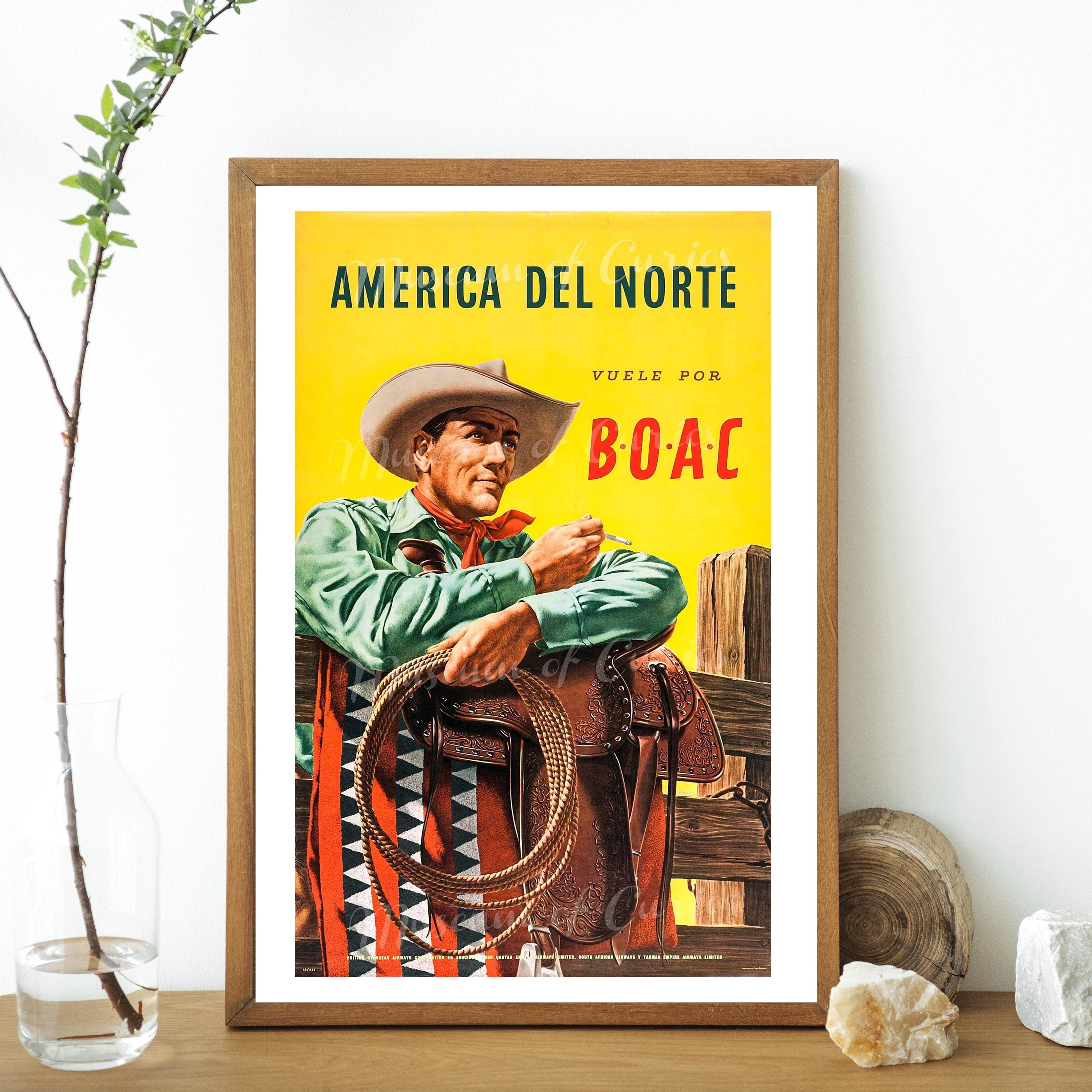 1950s Boac Travel Poster: North America Cowboy Vintage Airline Art ...