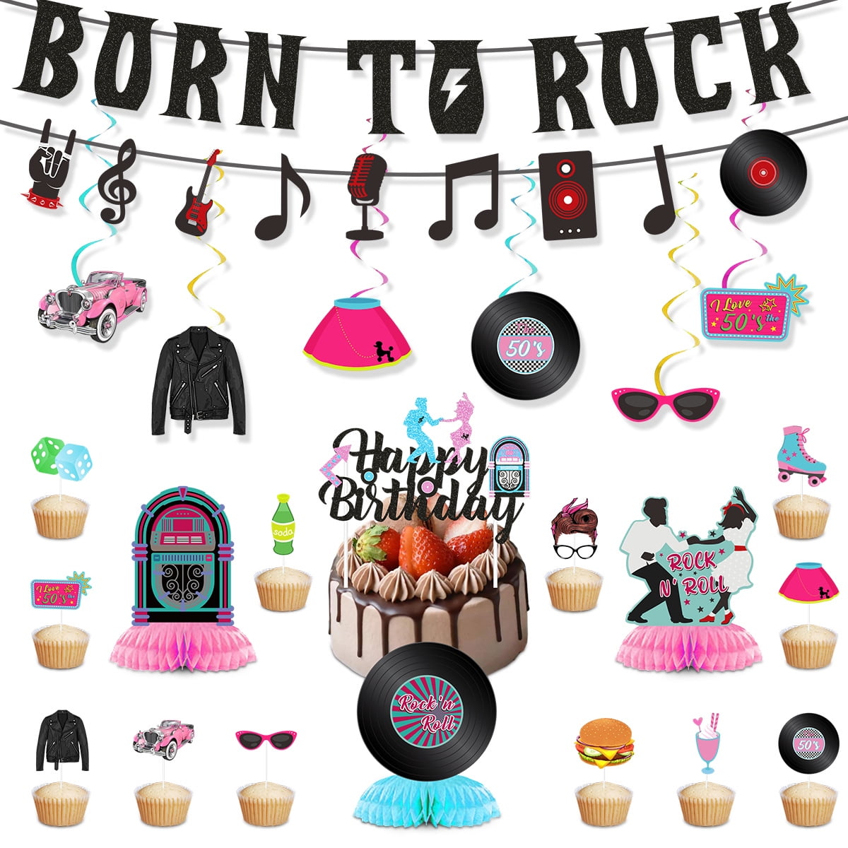 1950s Born To Rock Theme Banner Cake Topper Music Notes Spiral Swirl ...