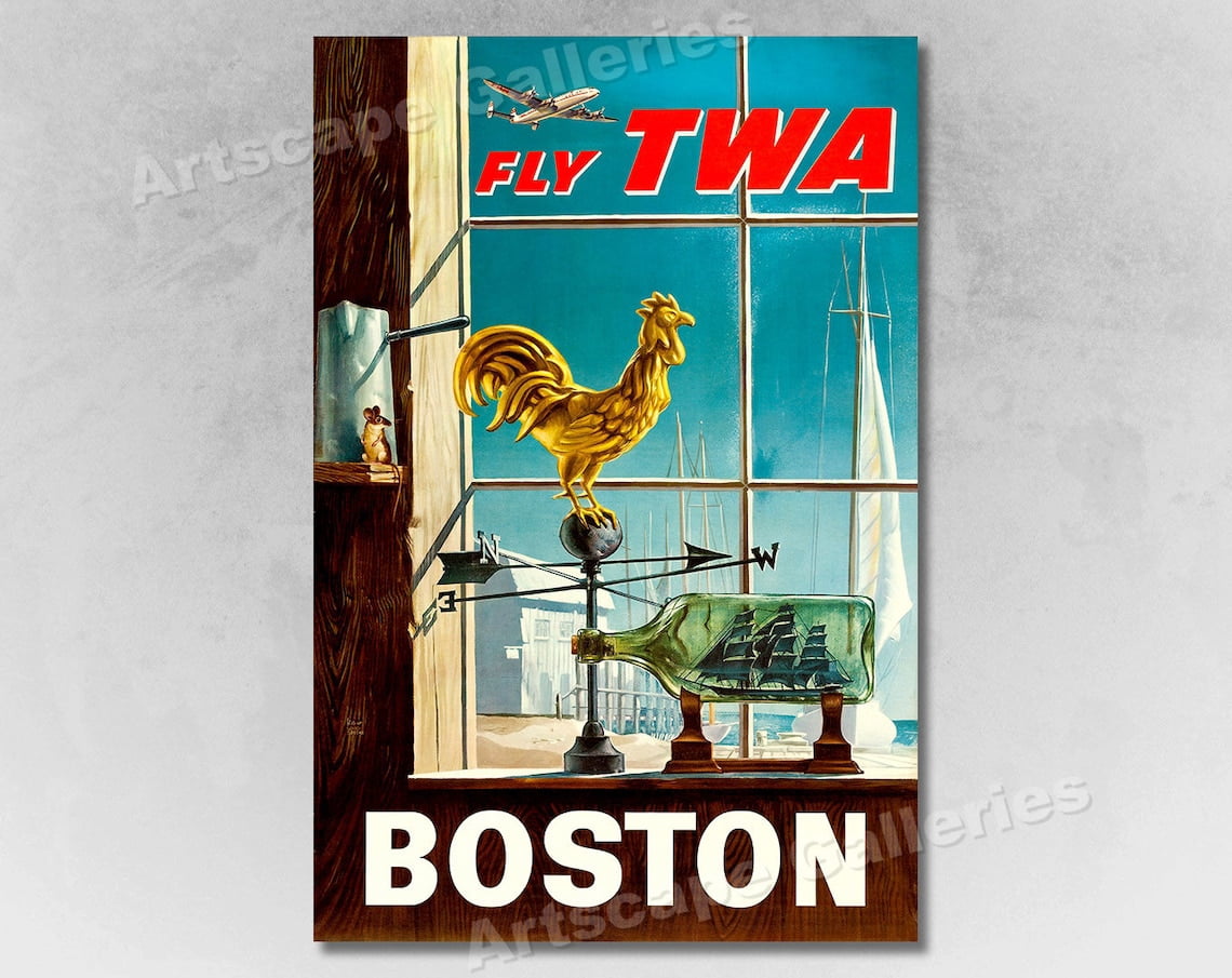1950s Boston Fly TWA Airlines Vintage Style Travel Graphic Illustration ...