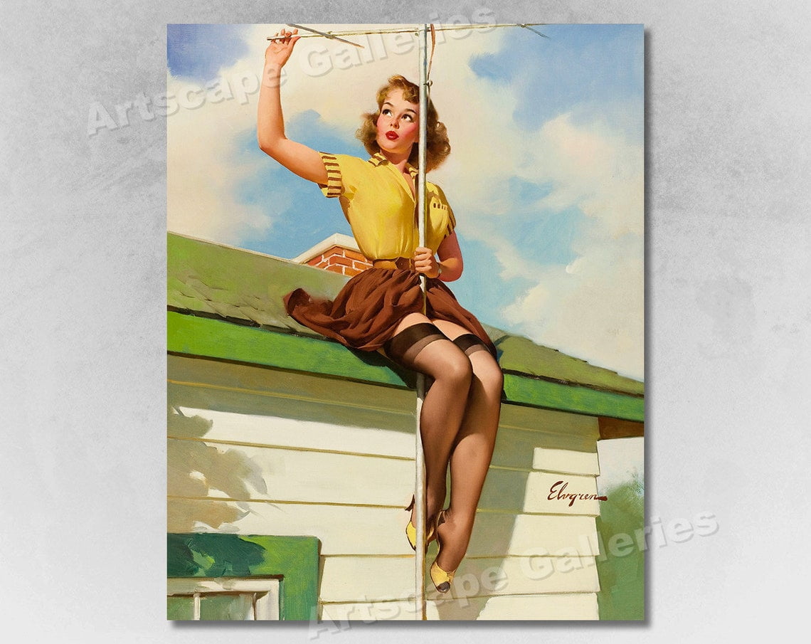 1950s Elvgren On the House Pin Up Girl Sitting on the Roof, Stretched ...