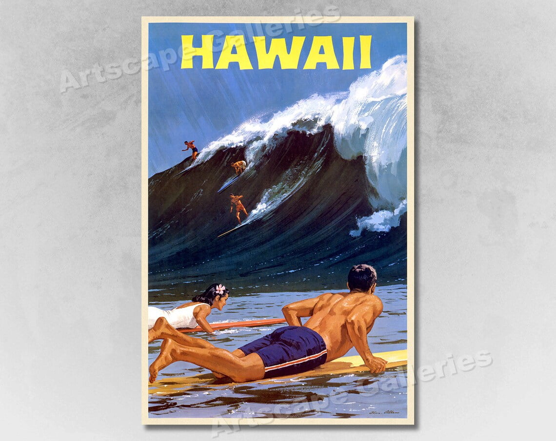 1950s Hawaii Surfing Vintage Style Travel Big Wave Surfing, Unframed ...