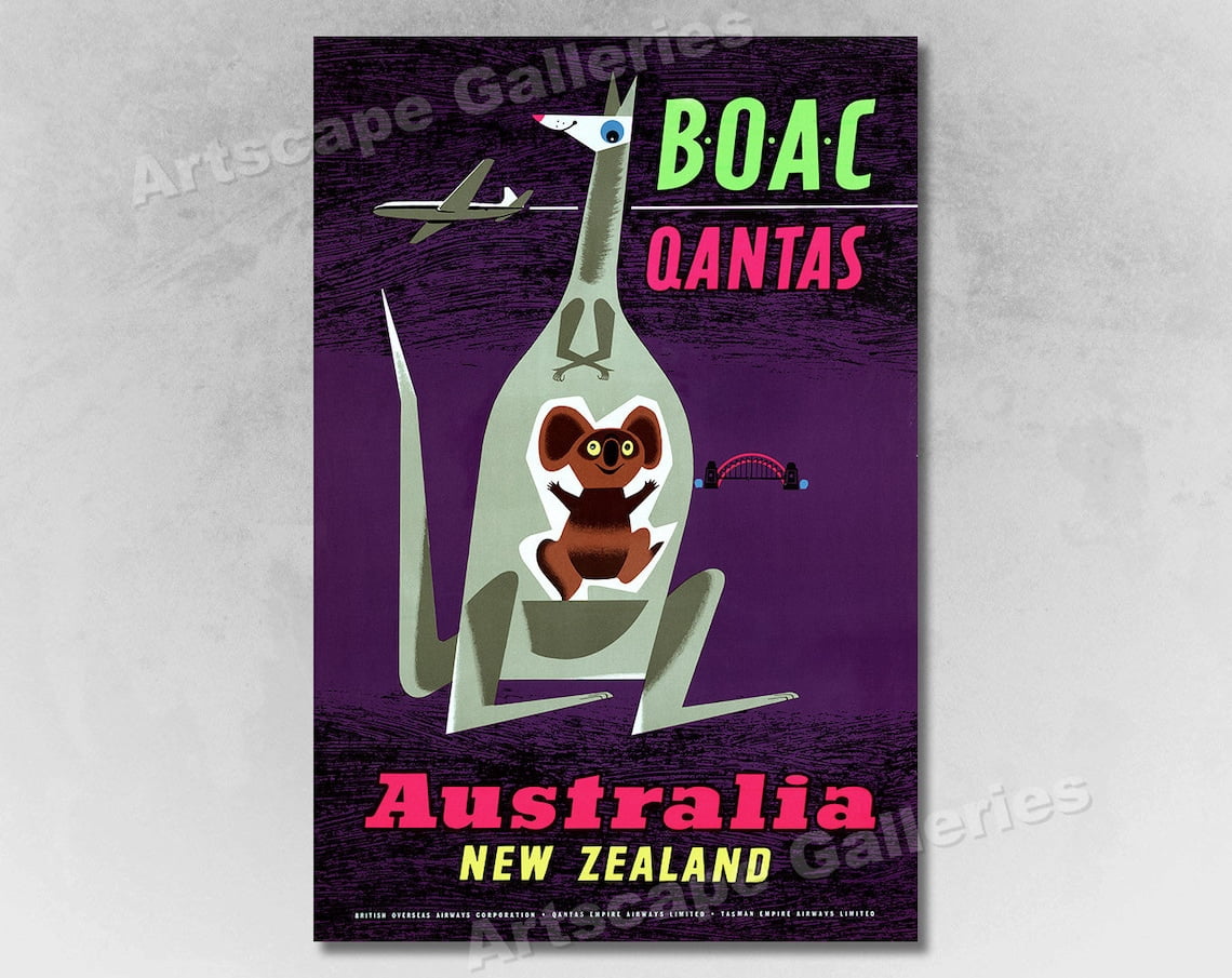 1950s Qantas Airlines Australia New Zealand Vintage Style Travel Layout ...