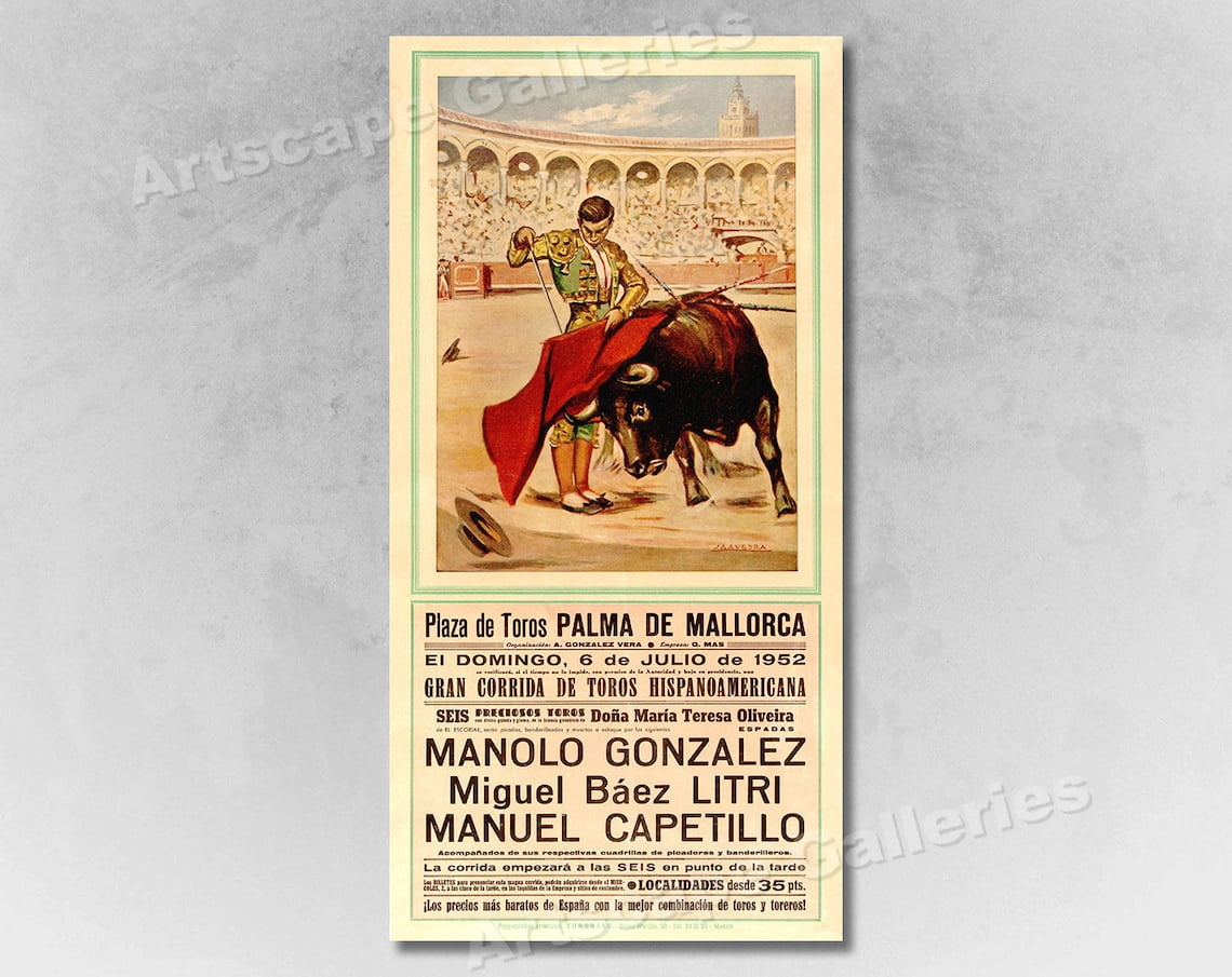 1952 Palma De Mallorca Vintage Spanish Bullfighting, Stretched Canvas ...