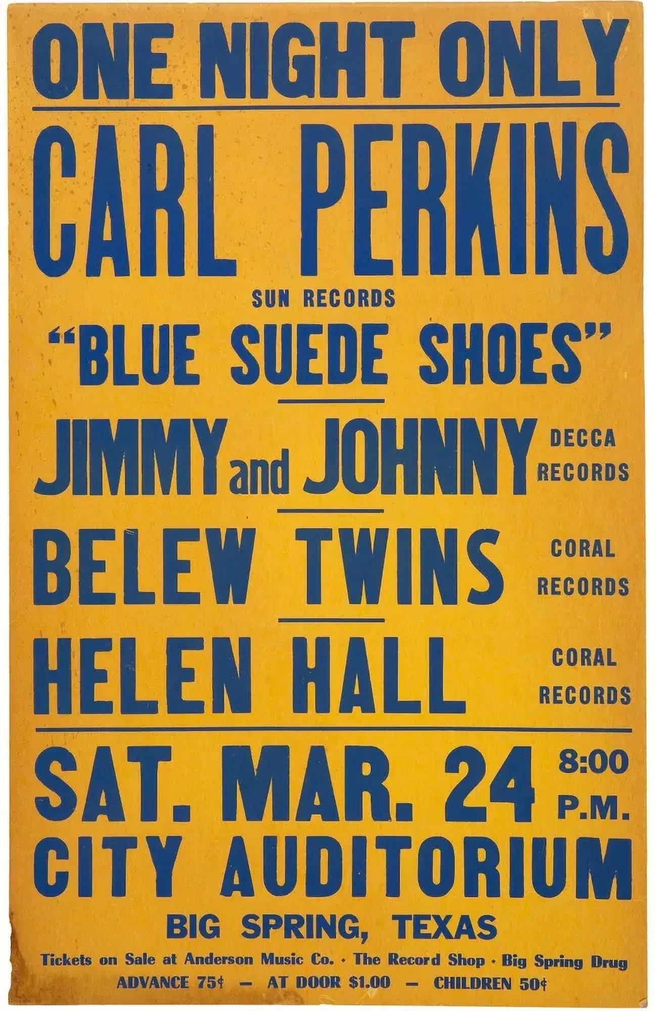 1956 CARL PERKINS CONCERT POSTER WALL ART PRINT BELEW TWINS HELEN HALL ...