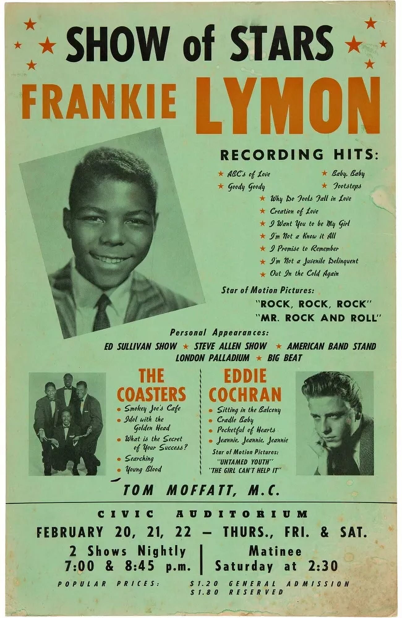 1958 FRANKIE LYMON CONCERT POSTER WALL ART PRINT EDDIE COCHRAN ES 16 x ...