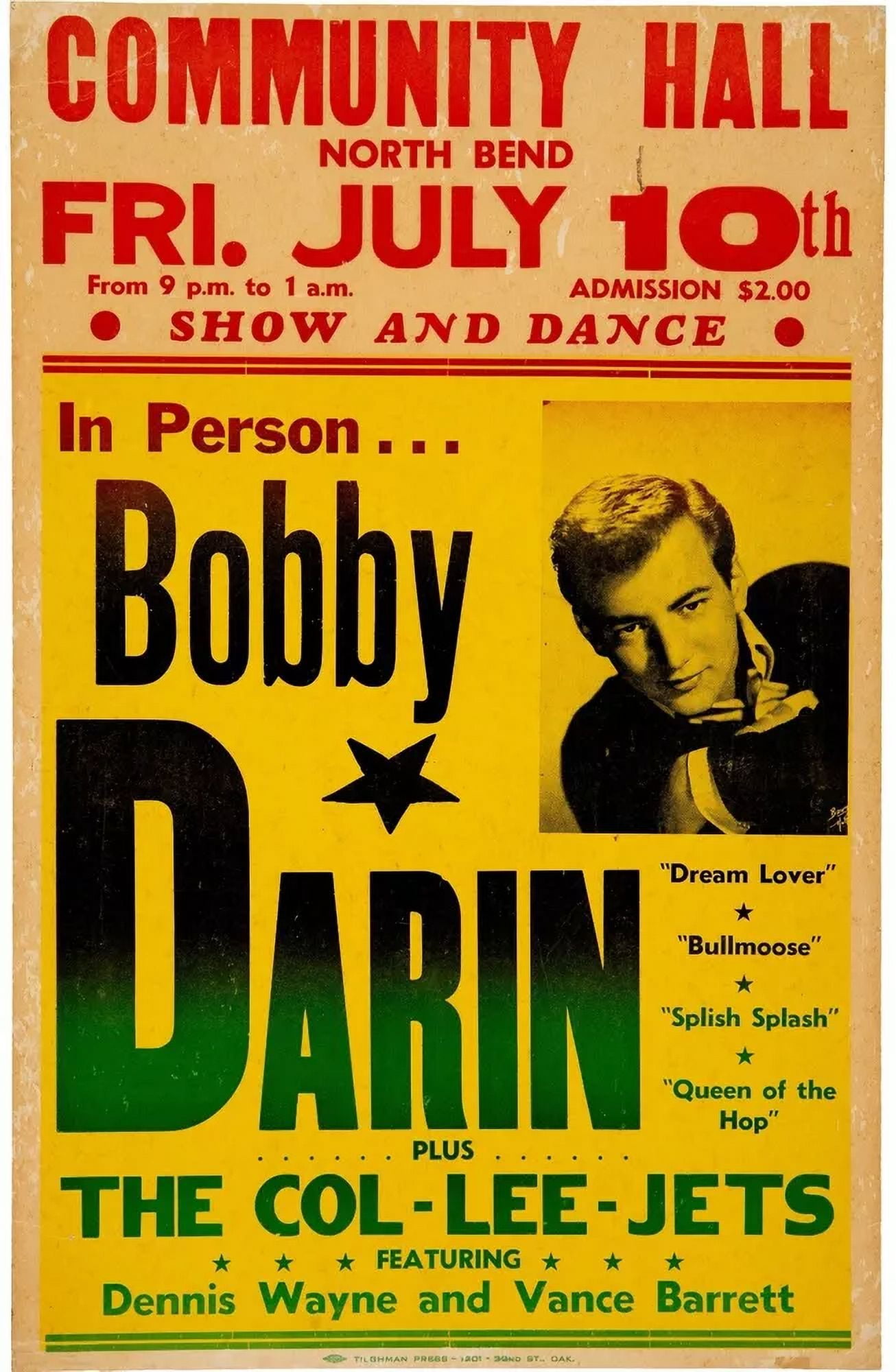 1959 BOBBY DARIN CONCERT POSTER WALL ART PRINT THE COL-LEE JETS 16 x 24 ...