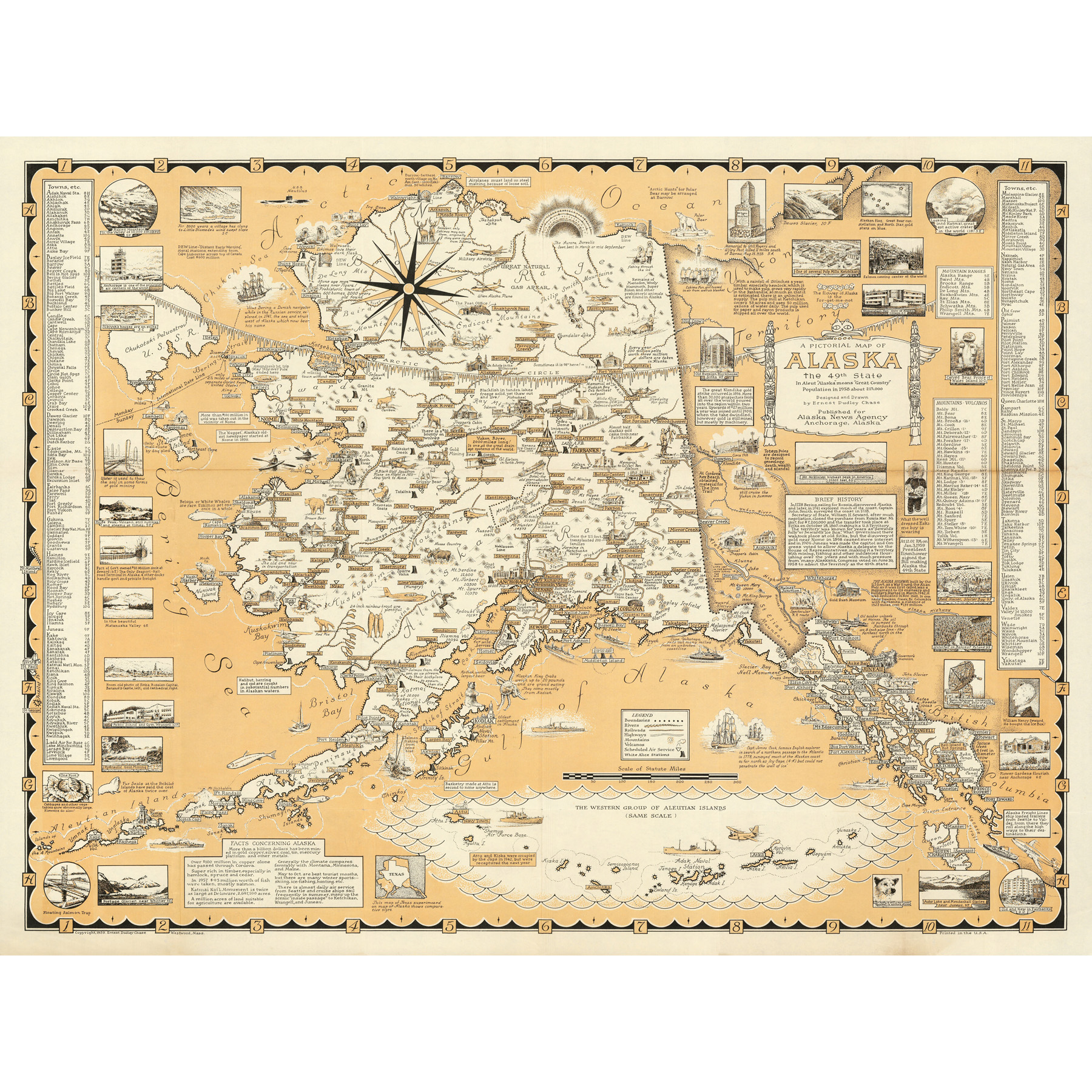 1959 Ernest Dudley Chase A Pictorial Map Of Alaska Extra Large XL Wall ...