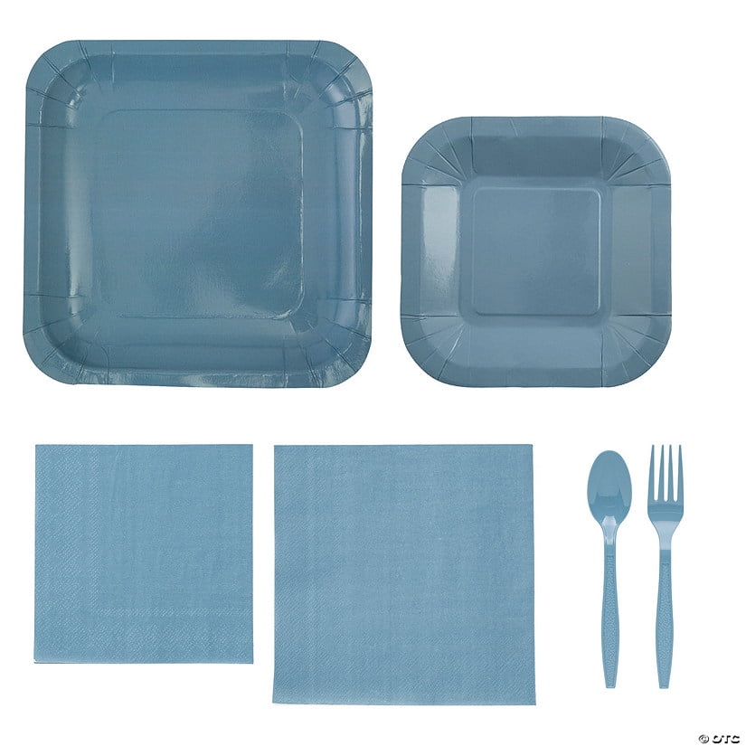 196 Pieces Slate Blue Square Disposable Tableware Kit for 24 Guests ...