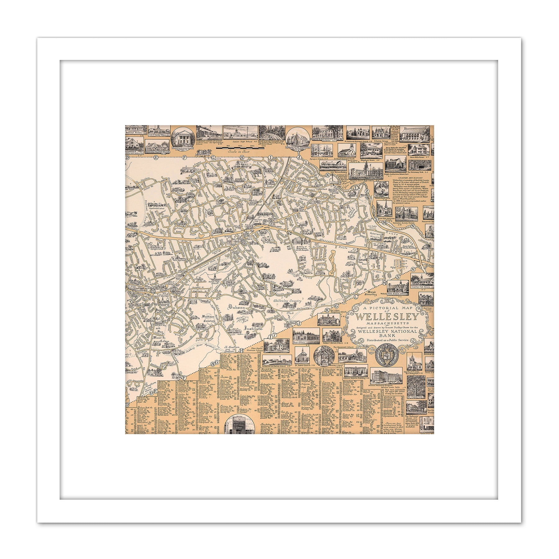 1960 Ernest Dudley Chase Map Wellesley Massachusetts 8X8 Inch Square ...