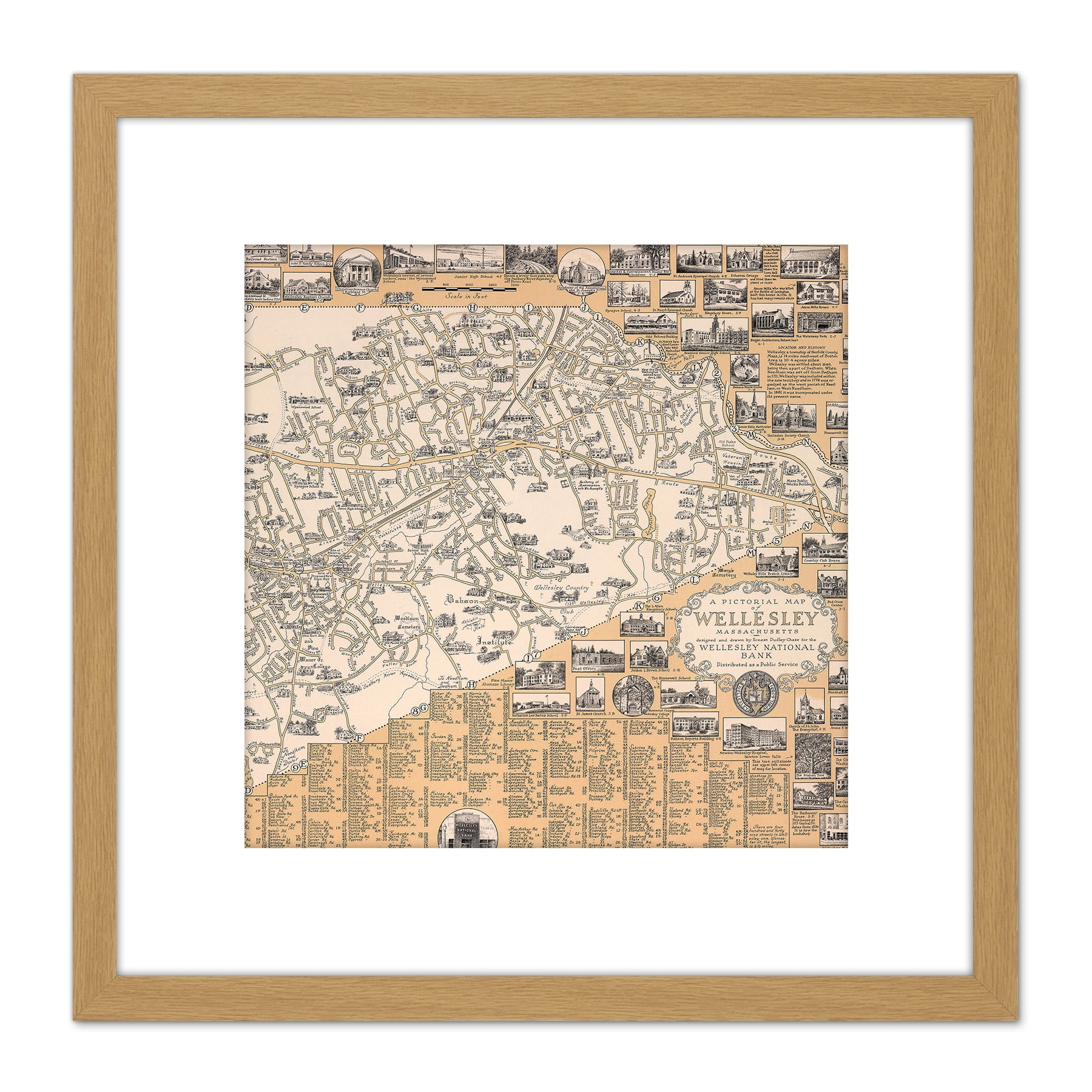 1960 Ernest Dudley Chase Map Wellesley Massachusetts 8X8 Inch Square ...