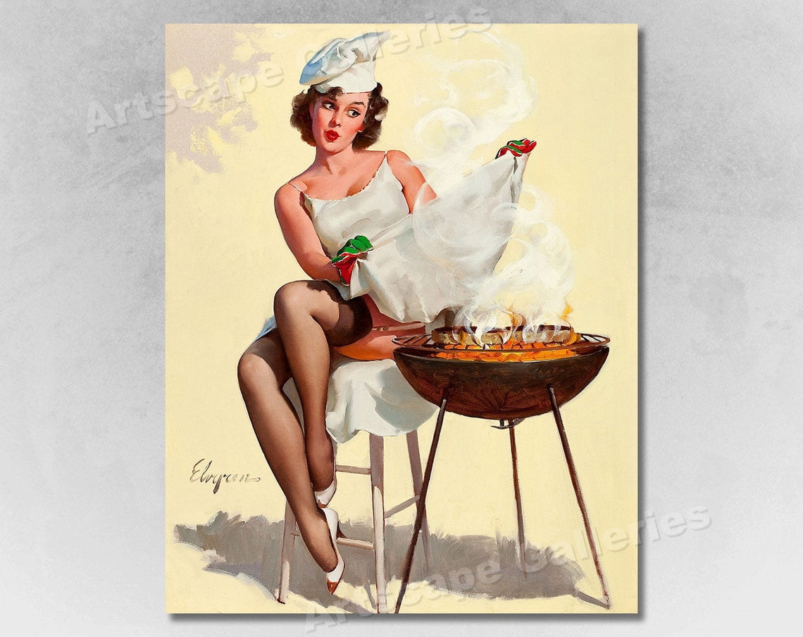 1960's Elvgren Brunette Pin-Up Girl Barbecue "Barbecutie", Unframed ...