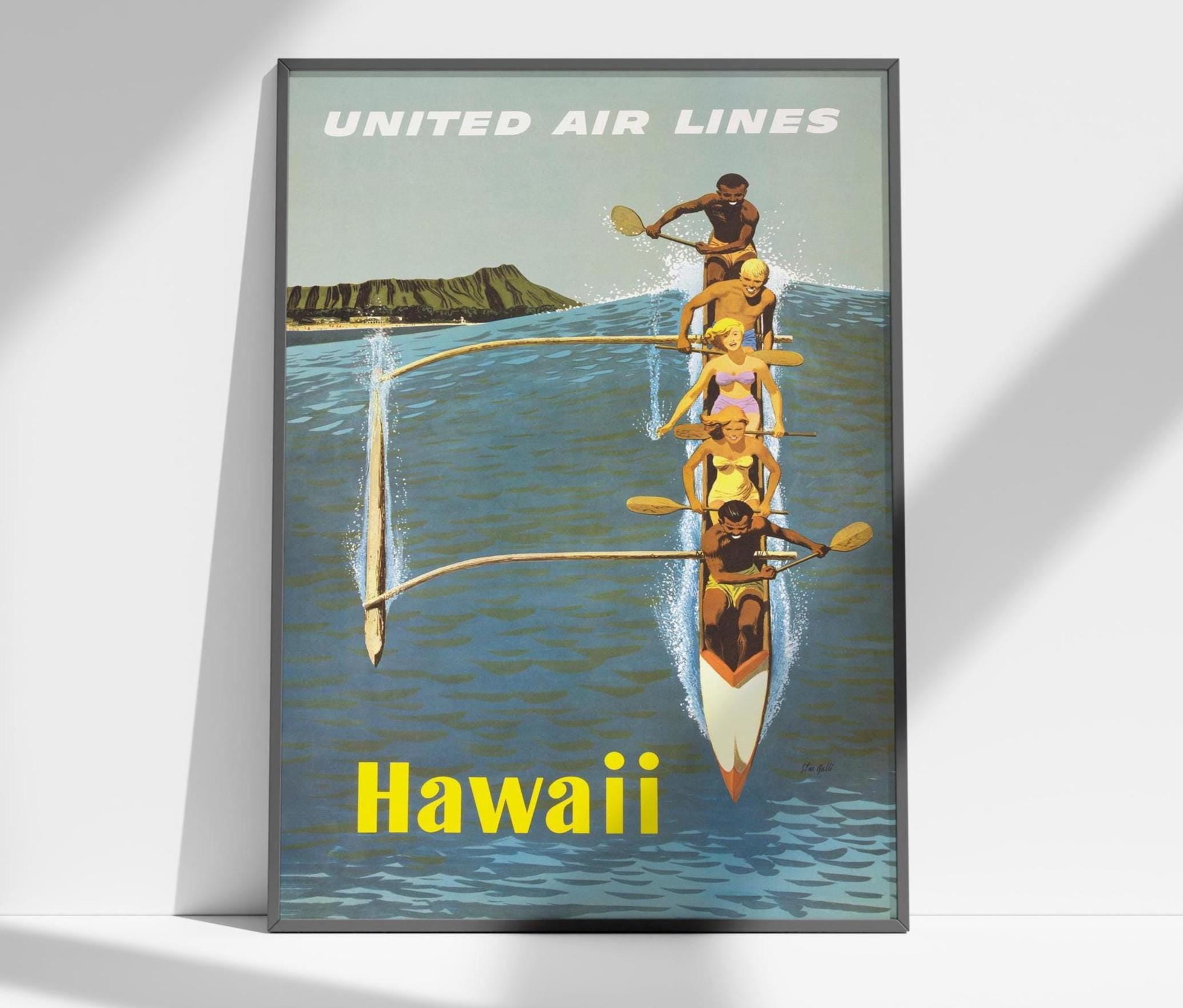 1960S United Airlines Hawaii Vintage Travel Poster Hawaiian Outrigger ...