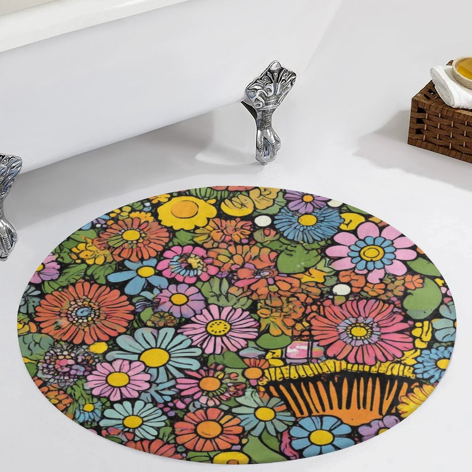 1960s, 1970s Retro Floral in Green, Pink & Orange Flower Power-1 Area ...