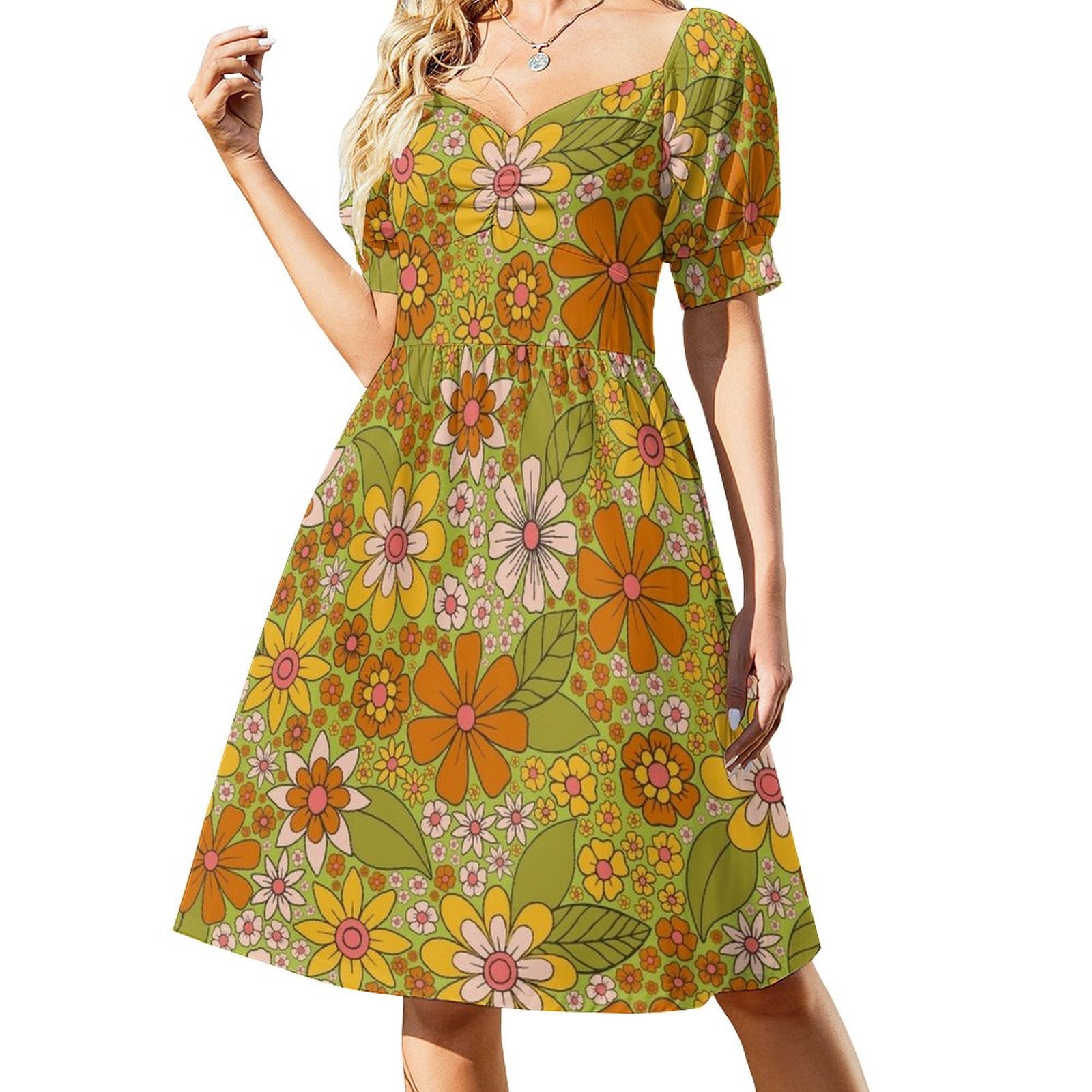 1960s 1970s Retro Floral in Green Pink & Orange - Flower Power ...