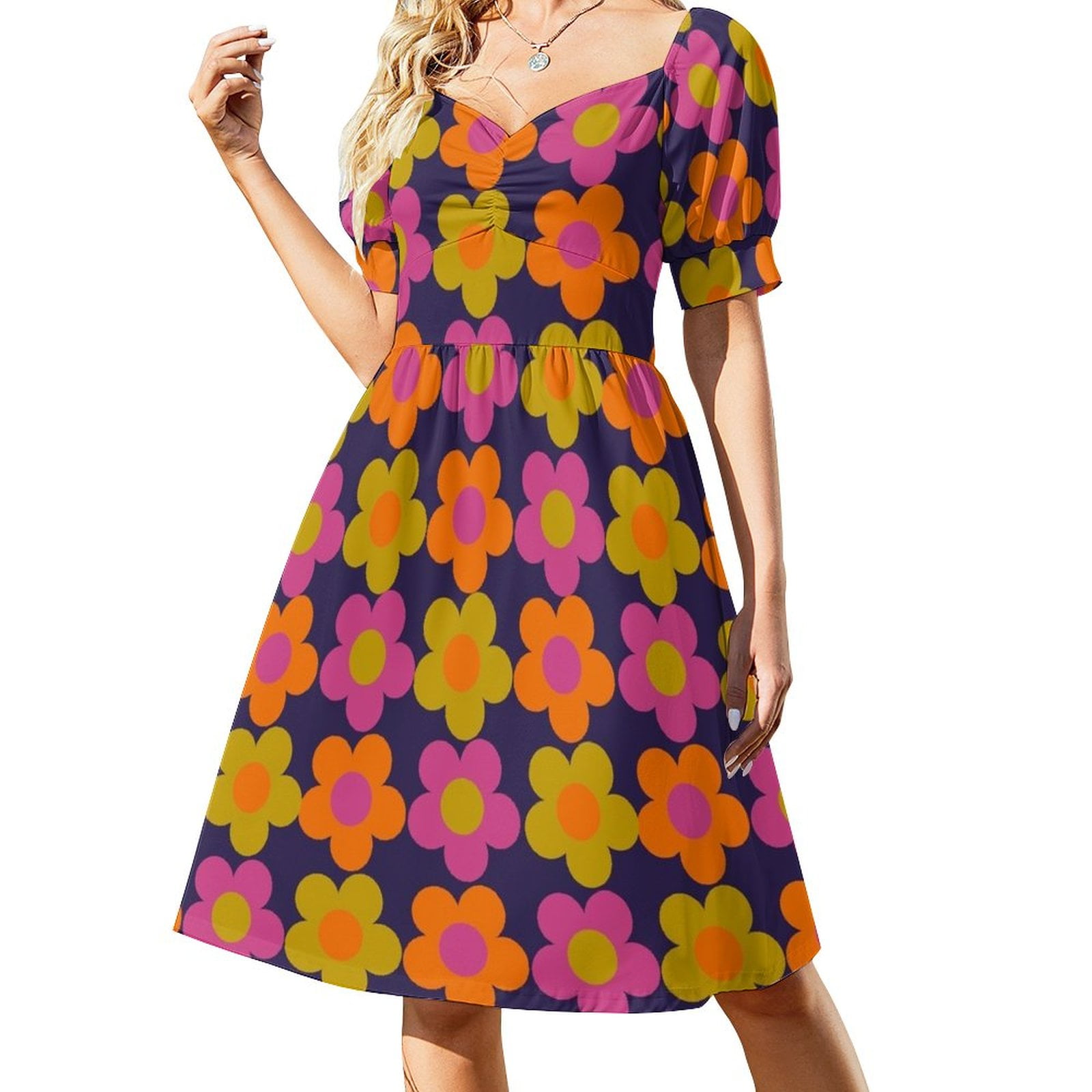 1960s 60s flowers Power Daisy Pattern Sleeveless Dress women's elegant ...