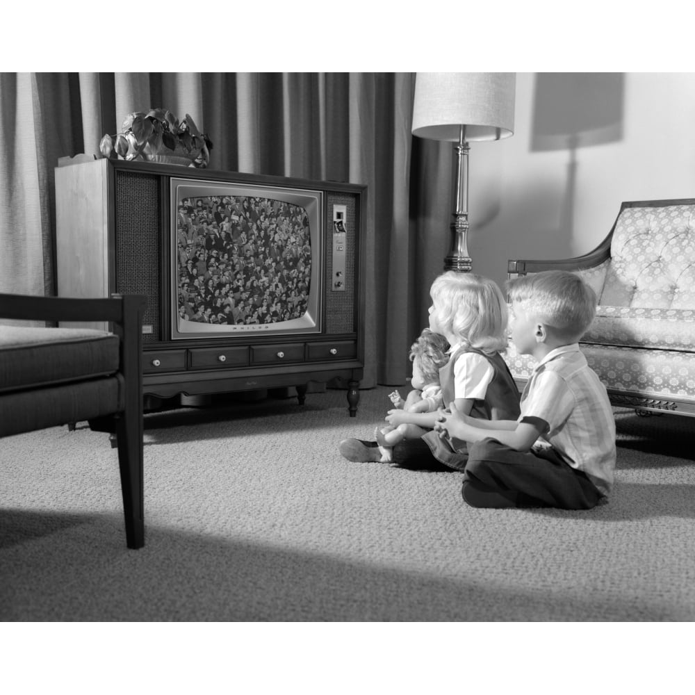 1960s Brother and Sister Sitting On Living Room Floor Watching Tv ...