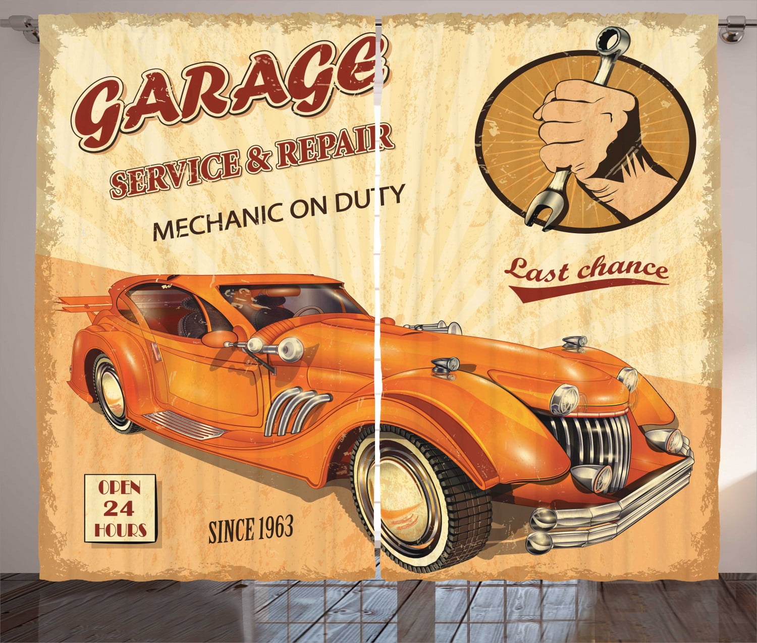 Ambesonne Retro Curtains 2 Panel Set, Engine and Mechanic Sign, 108" x ...