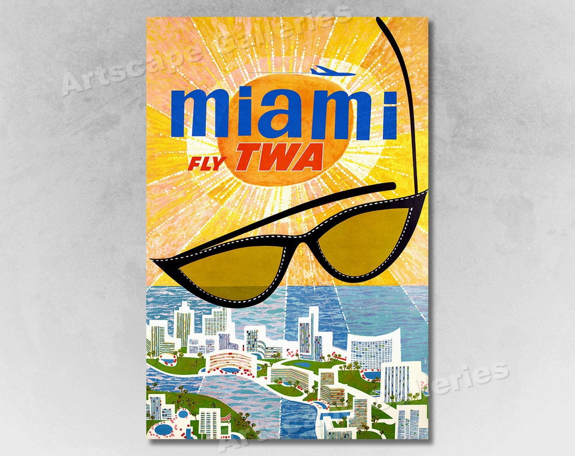 1960s "Miami TWA" Vintage Style Airline Travel, Unframed Canvas ...