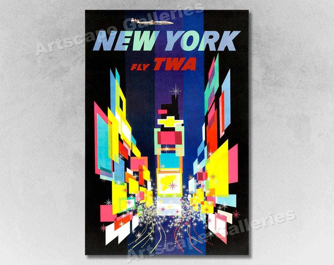 1960s New York Times Square TWA Vintage Style Travel, Unframed Canvas ...