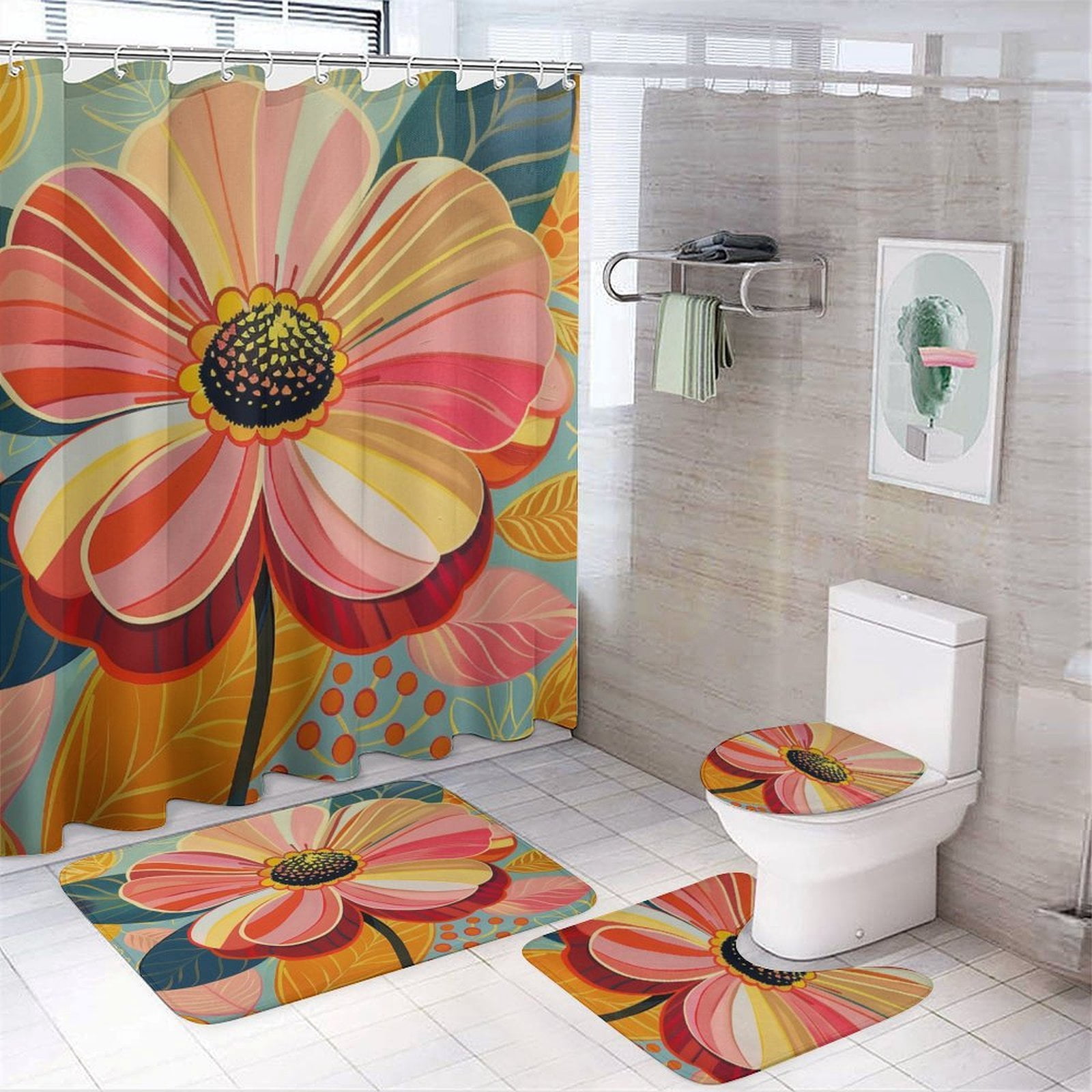 1960s Retro Flower Shower Curtain 4 Piece Set with Non-Slip Rugs Toilet ...